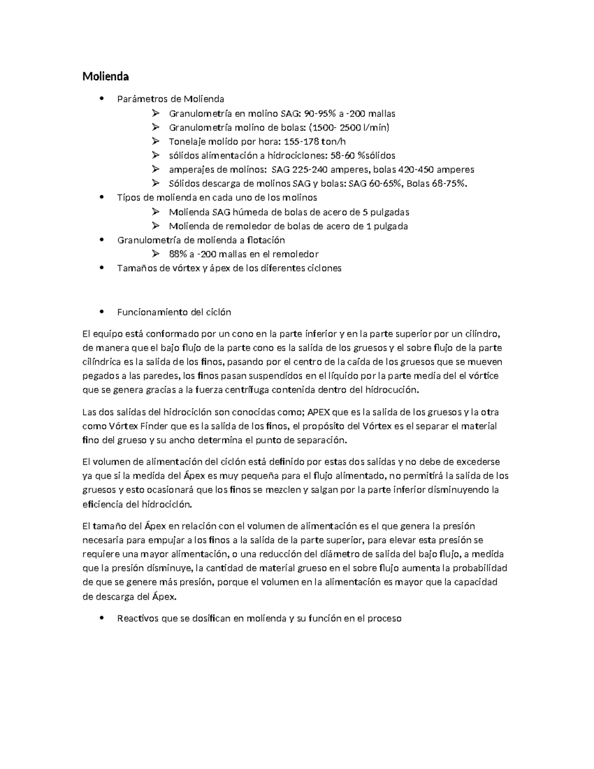 Examen de categoria bryan dena - Molienda Parámetros de Molienda ...