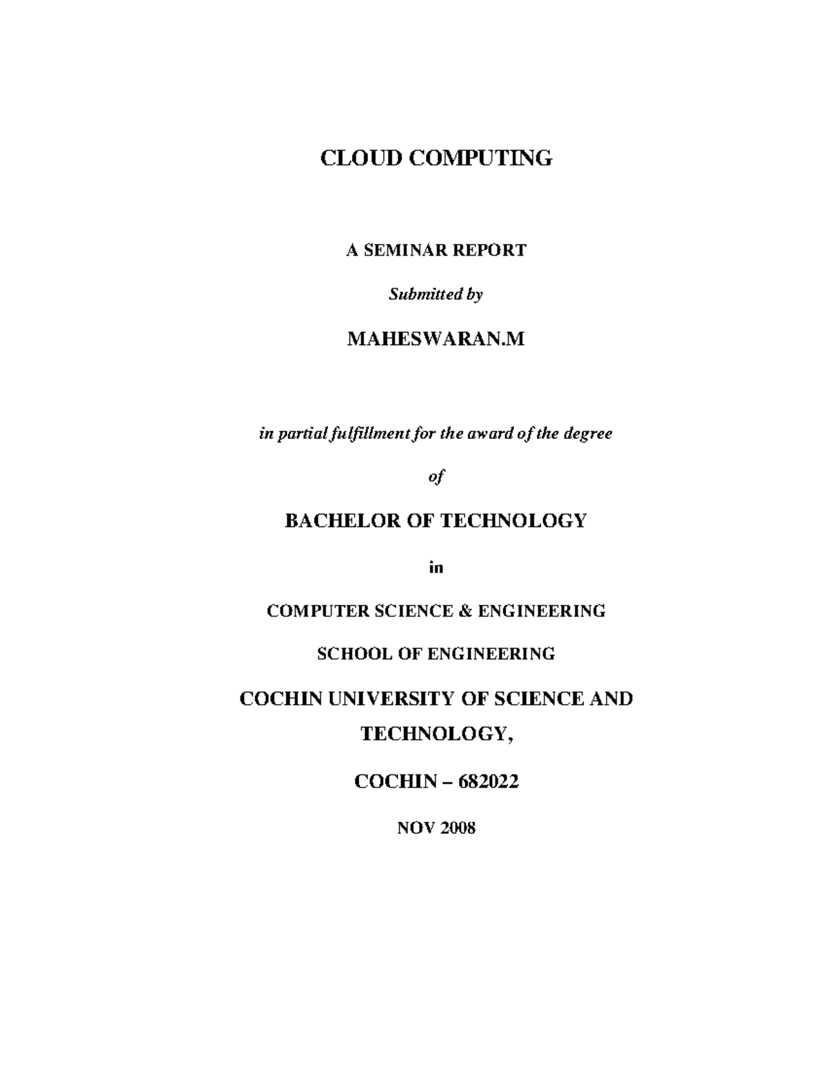 Cloud Computing - A SEMINAR REPORT Submitted by MAHESWARAN in partial ...