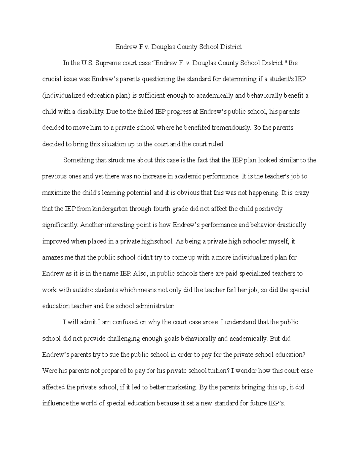 Endrew Reflection - Endrew F v. Douglas County School District In the U ...