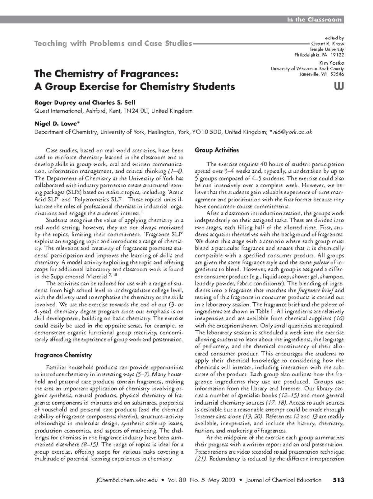The Chemistry of Fragrances A Group Exercise for Chemistry Students ...