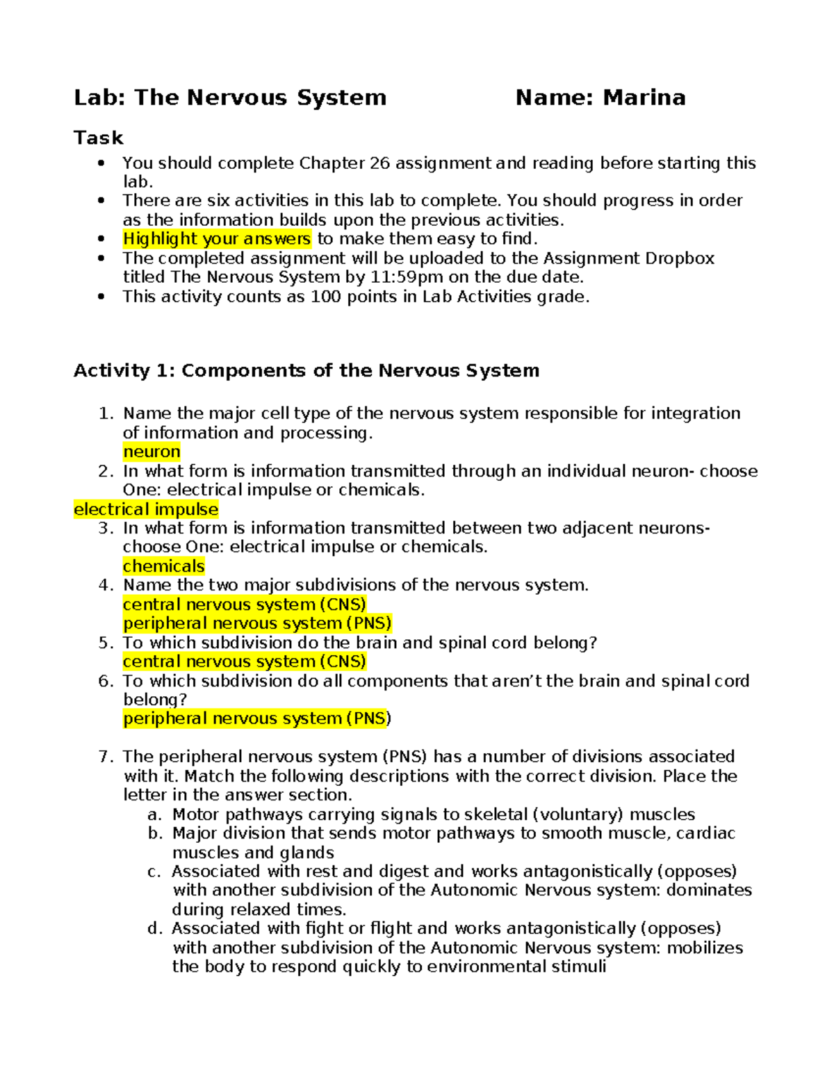 Lab The Nervous System - There are six activities in this lab to ...