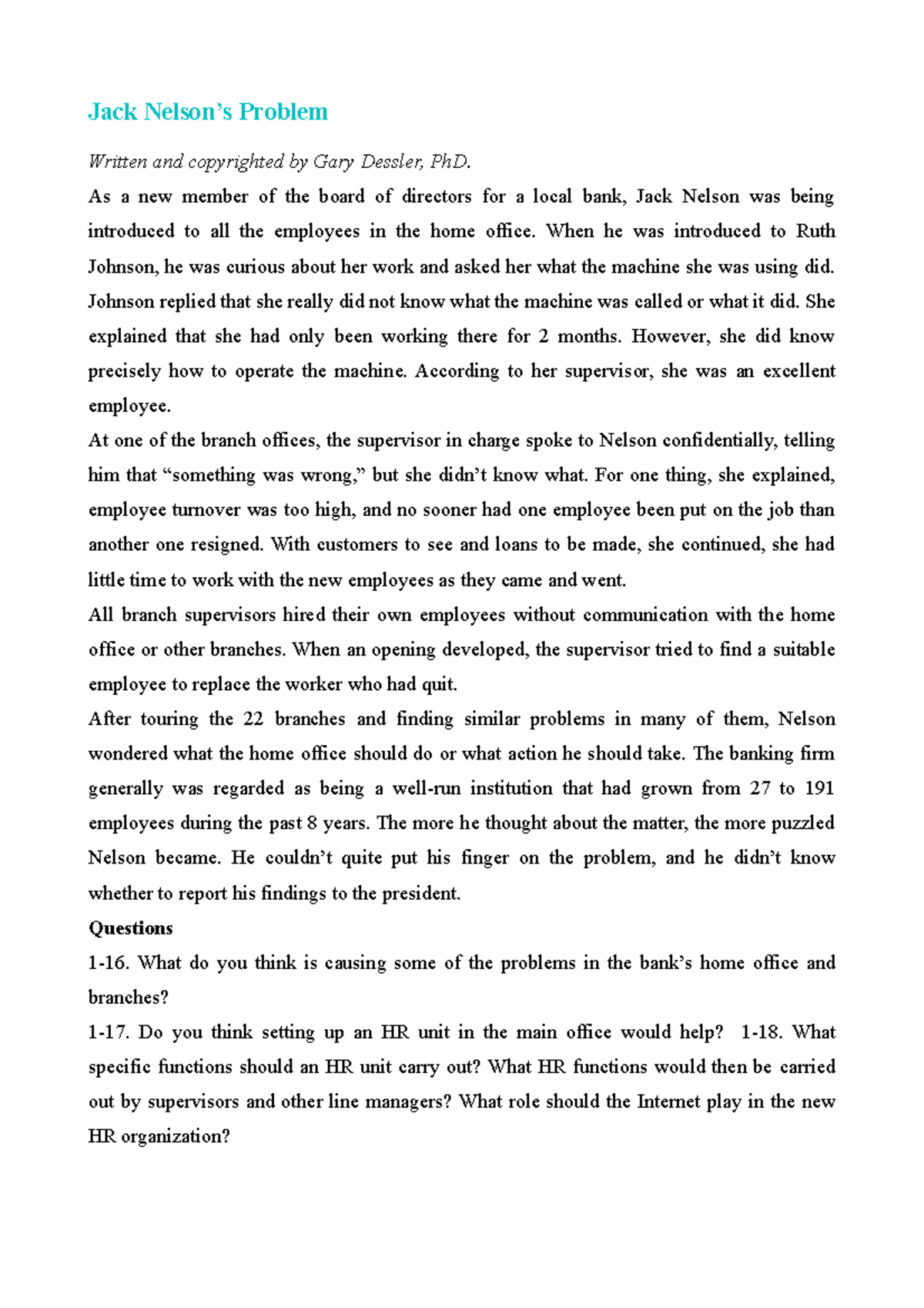 MINI-CASE - MINI-CASE - Jack Nelson’s Problem Written and copyrighted ...