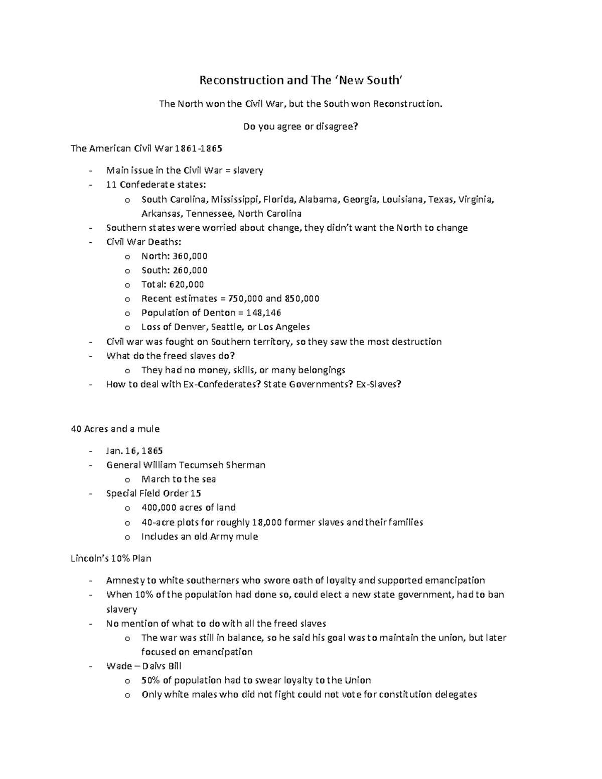 History 2620 Notes - Reconstruction and The ‘New South’ The North won ...