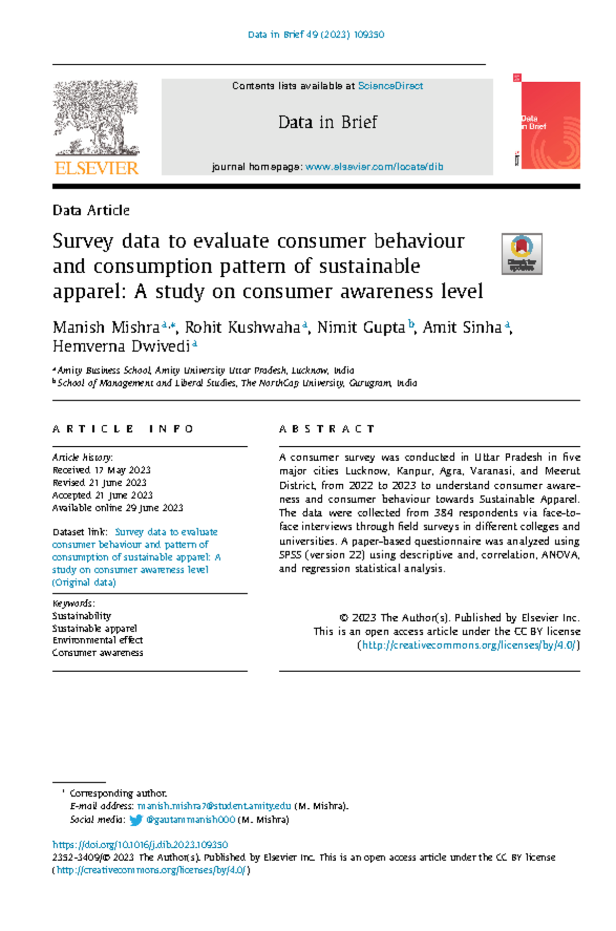 Survey data to evaluate consumer behaviour and consumption pattern of ...