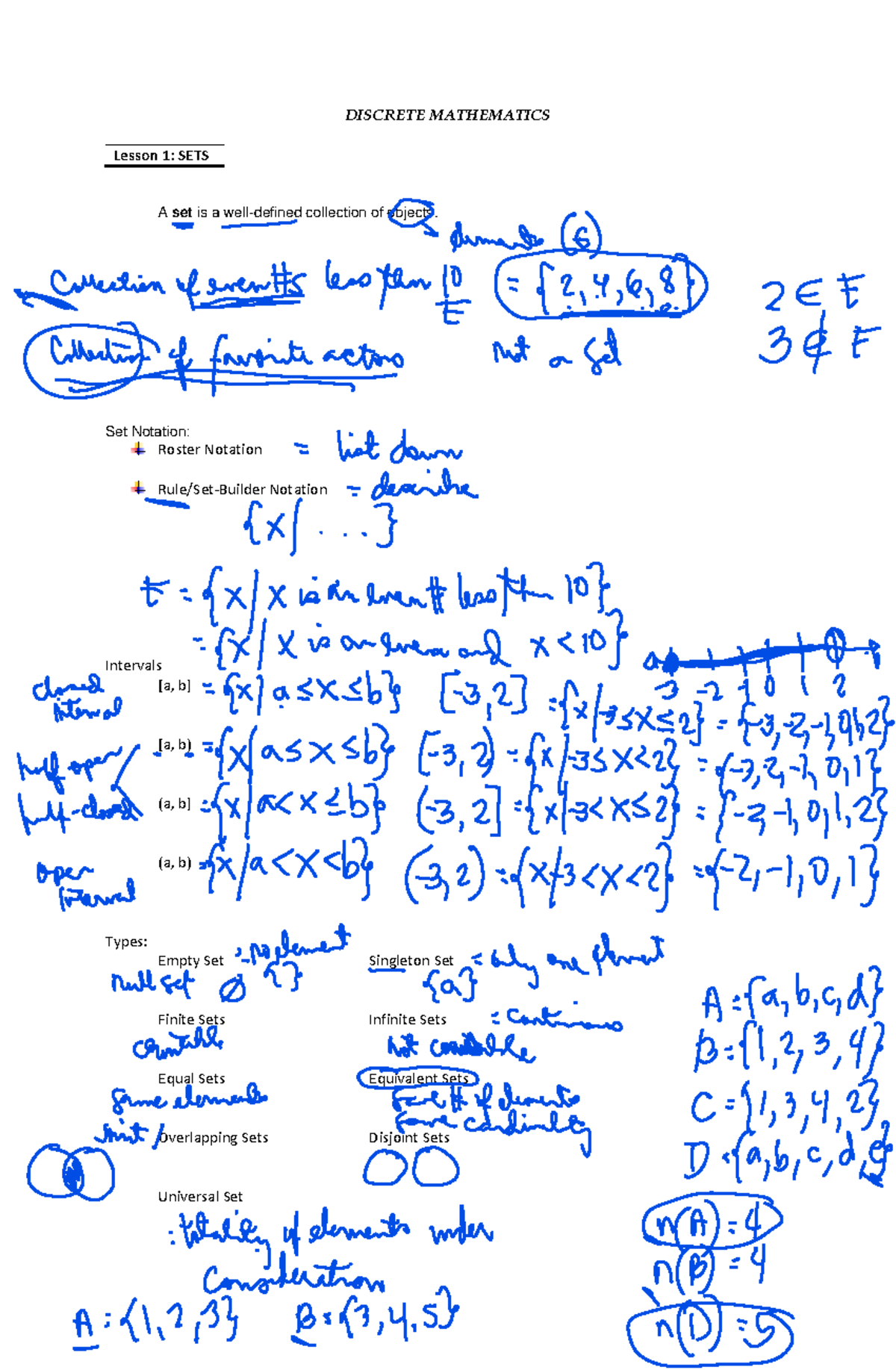 SETS notes - NONE - DISCRETE MATHEMATICS Lesson 1: SETS A set is a well ...