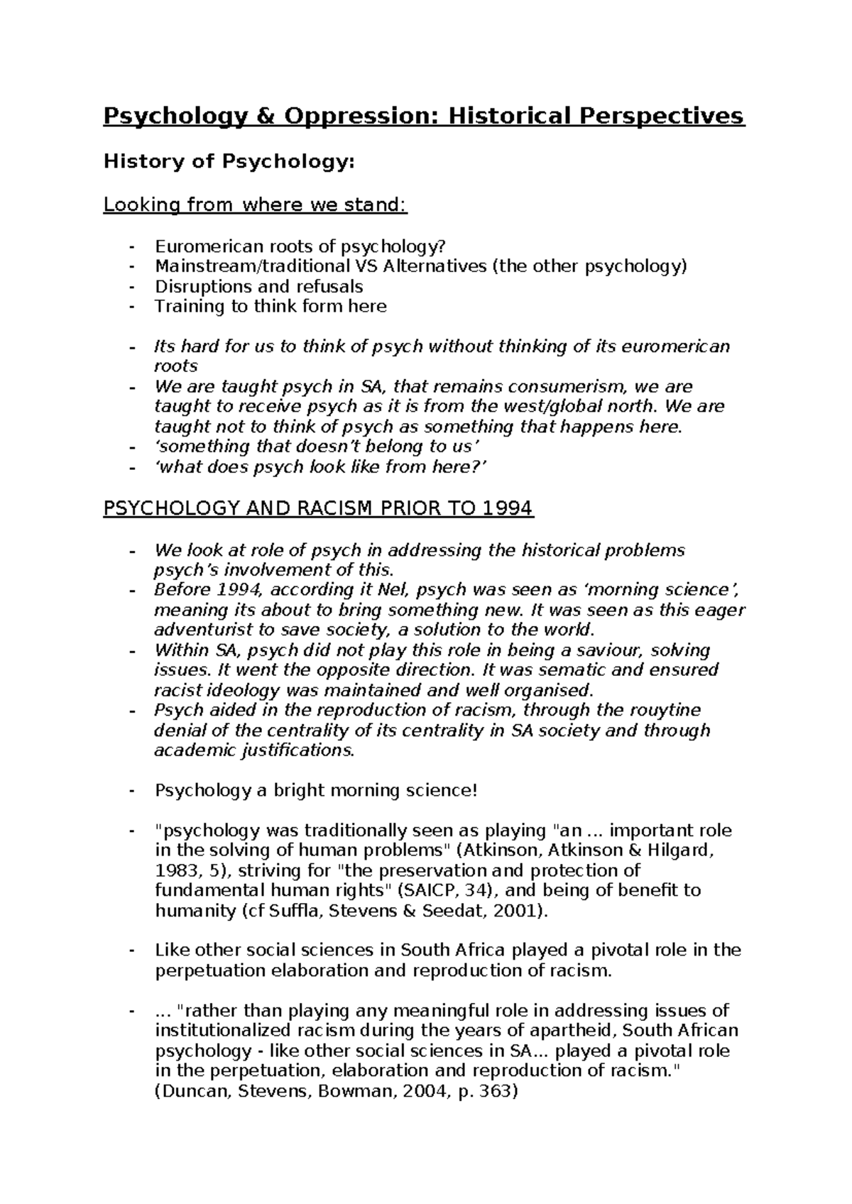 Crit psych - first semester - Psychology & Oppression: Historical ...