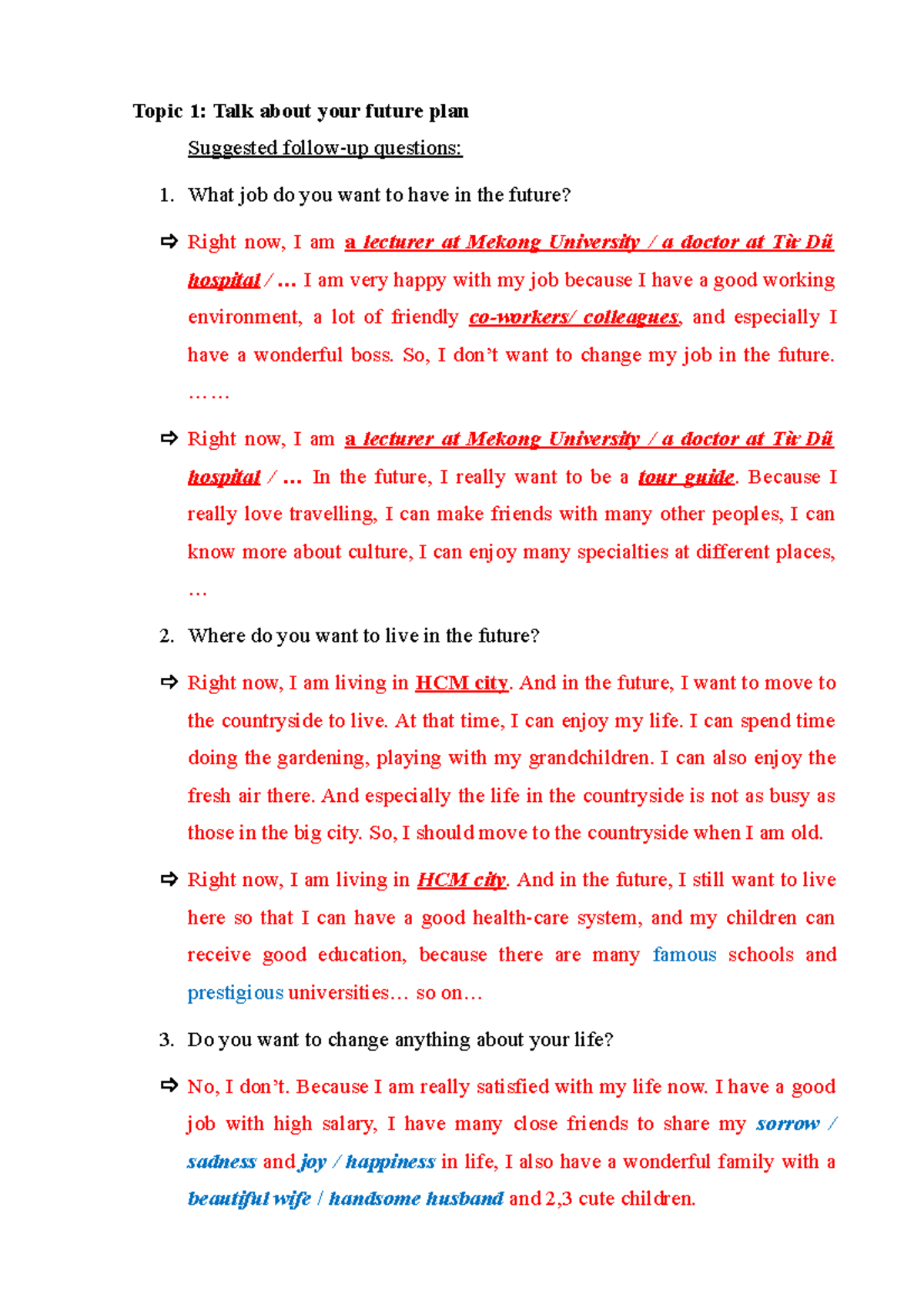 Speaking Topics (L&S2) - Topic 1: Talk about your future plan Suggested ...