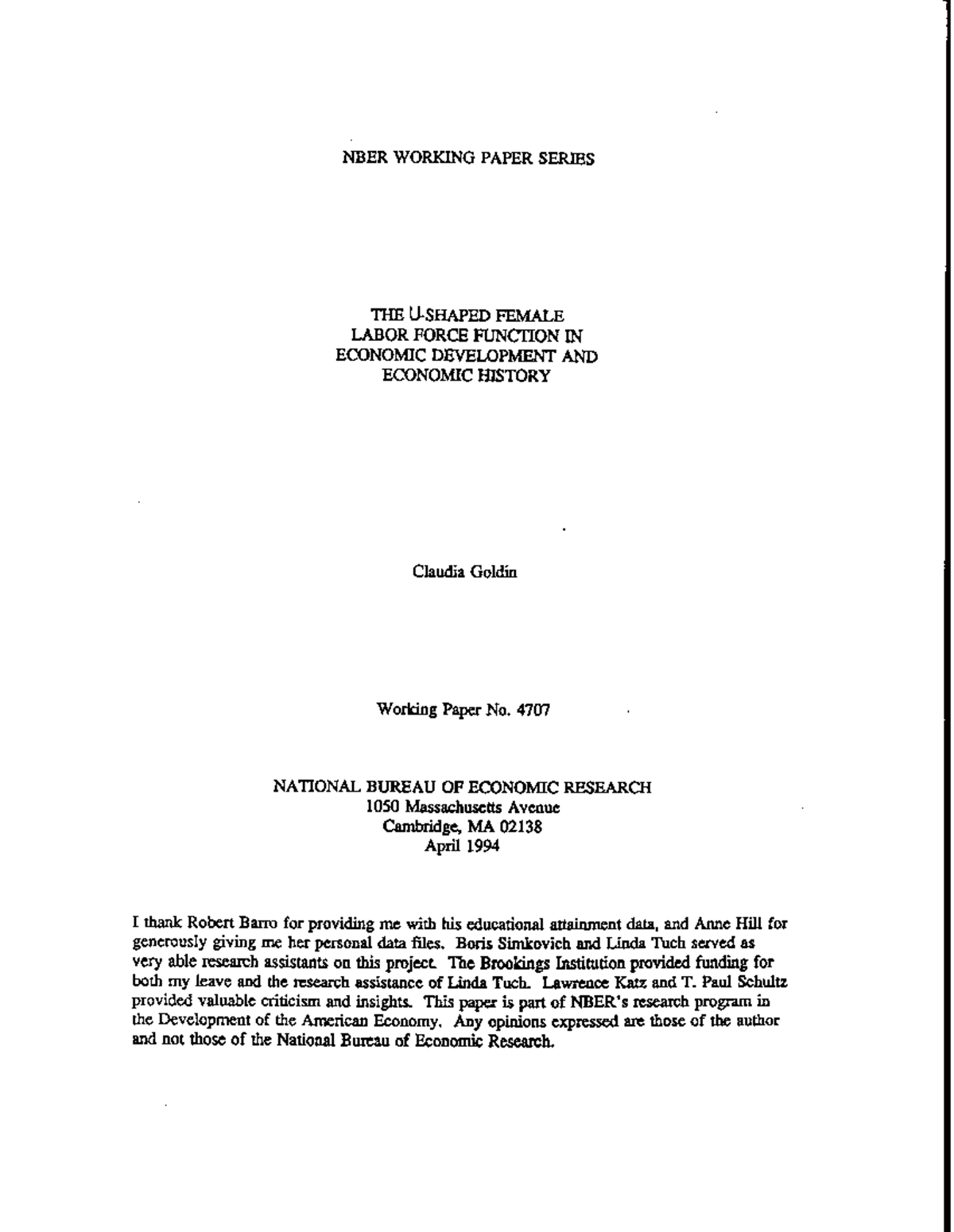 W4707 - Indian economic - NBER WORKING PAPER SERIES THE U-SHAPED FEMALE ...