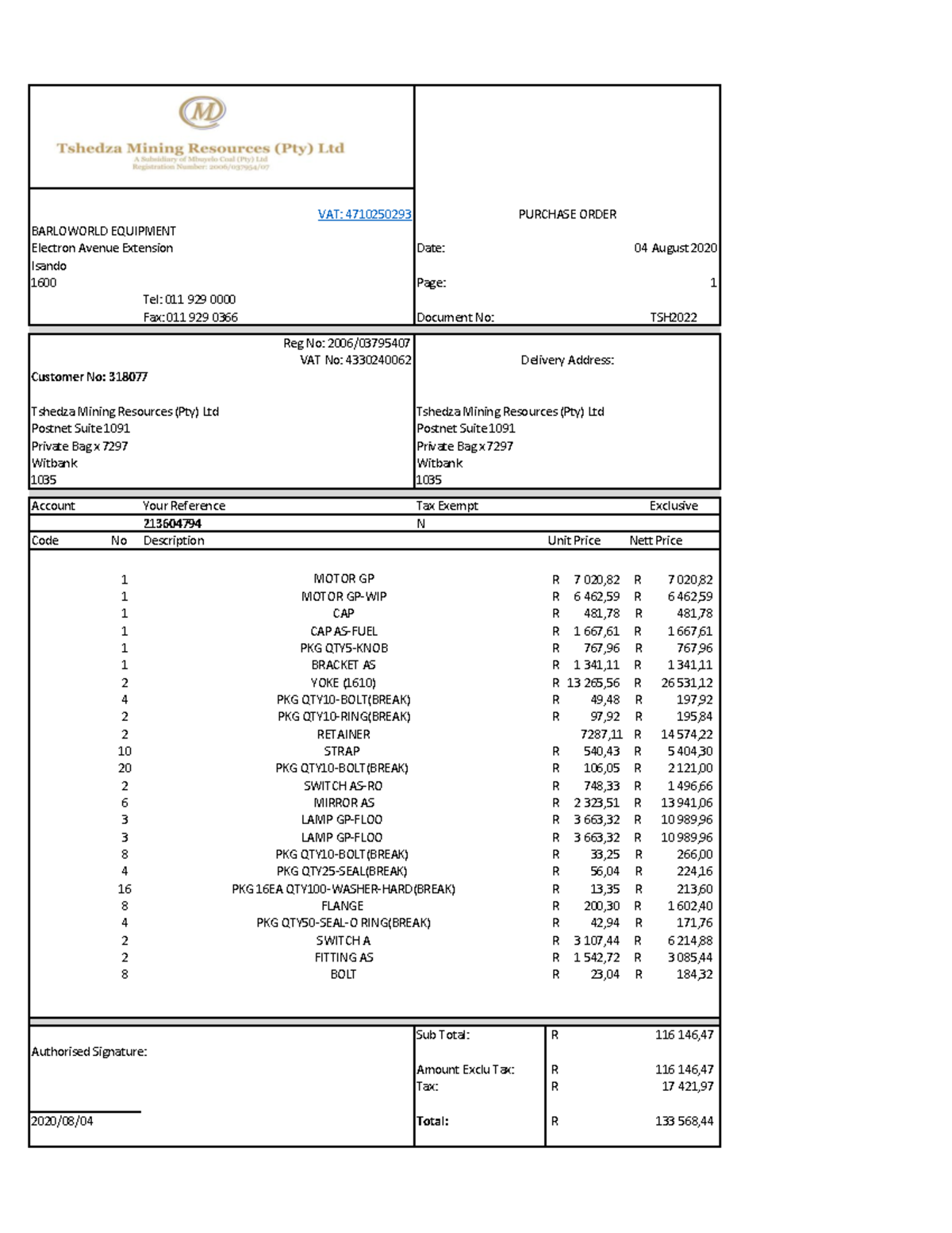 202008 04- TSH2022 Barloworld - BARLOWORLD EQUIPMENT Electron Avenue ...