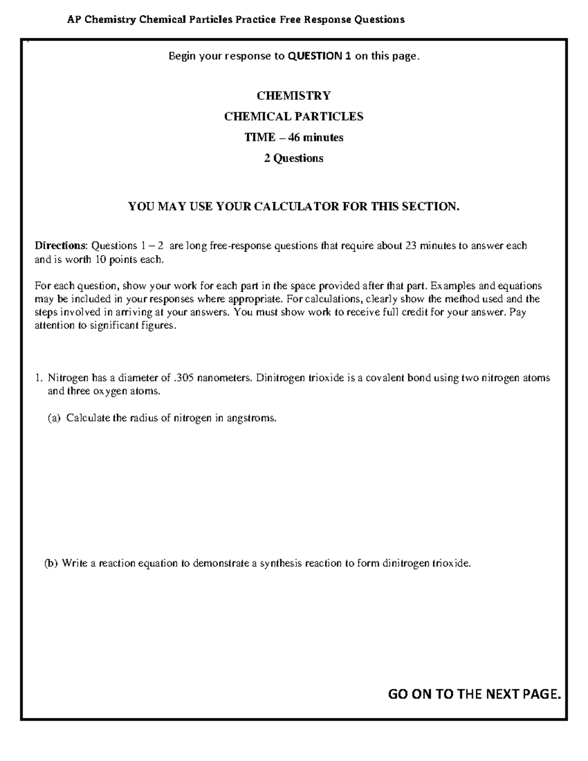 Chemical Particles FRQ - ` Begin your response to QUESTION 1 on this ...
