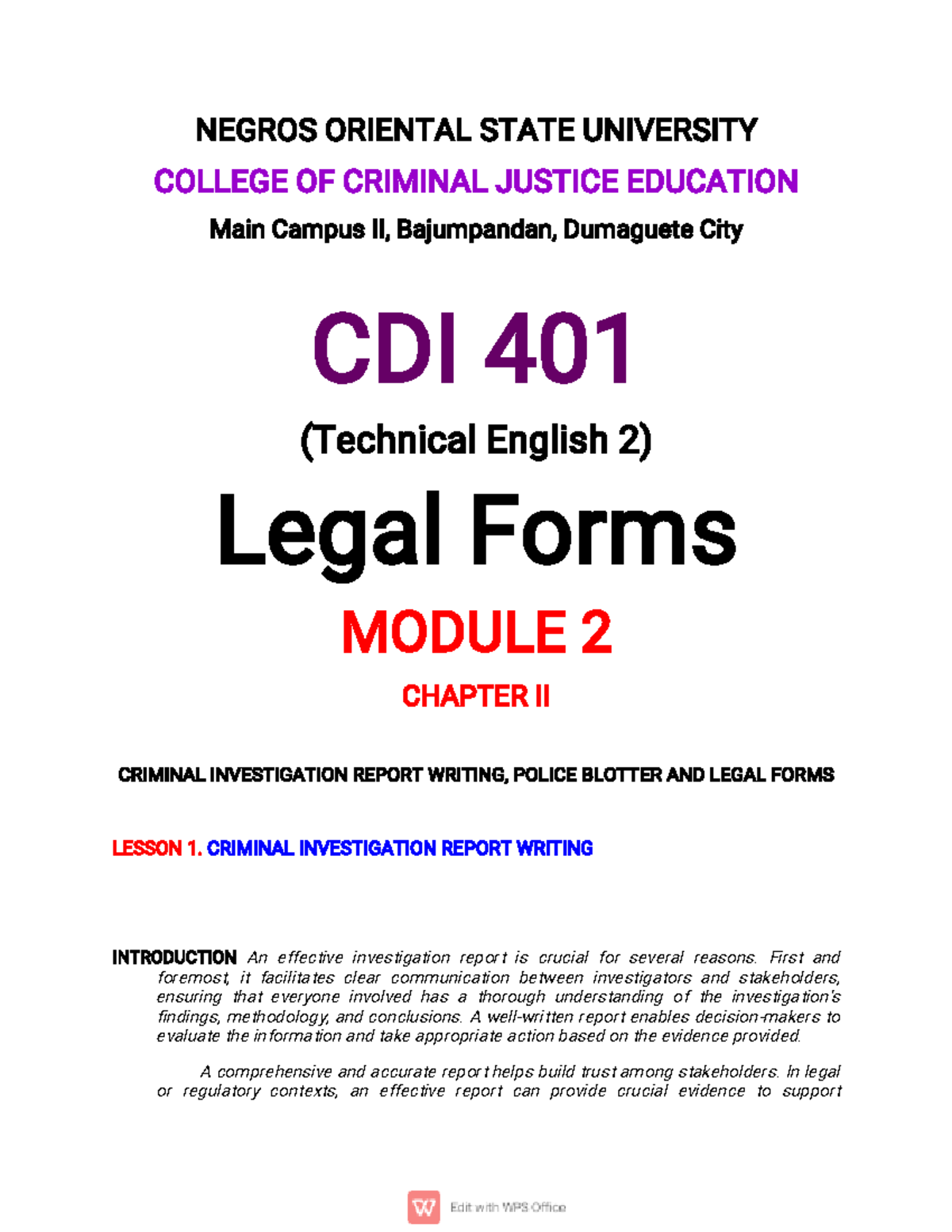 CDI 401 Module 2 - NEGROS ORIENTAL STATE UNIVERSITY COLLEGE OF CRIMINAL JUSTICE EDUCATION Main ...