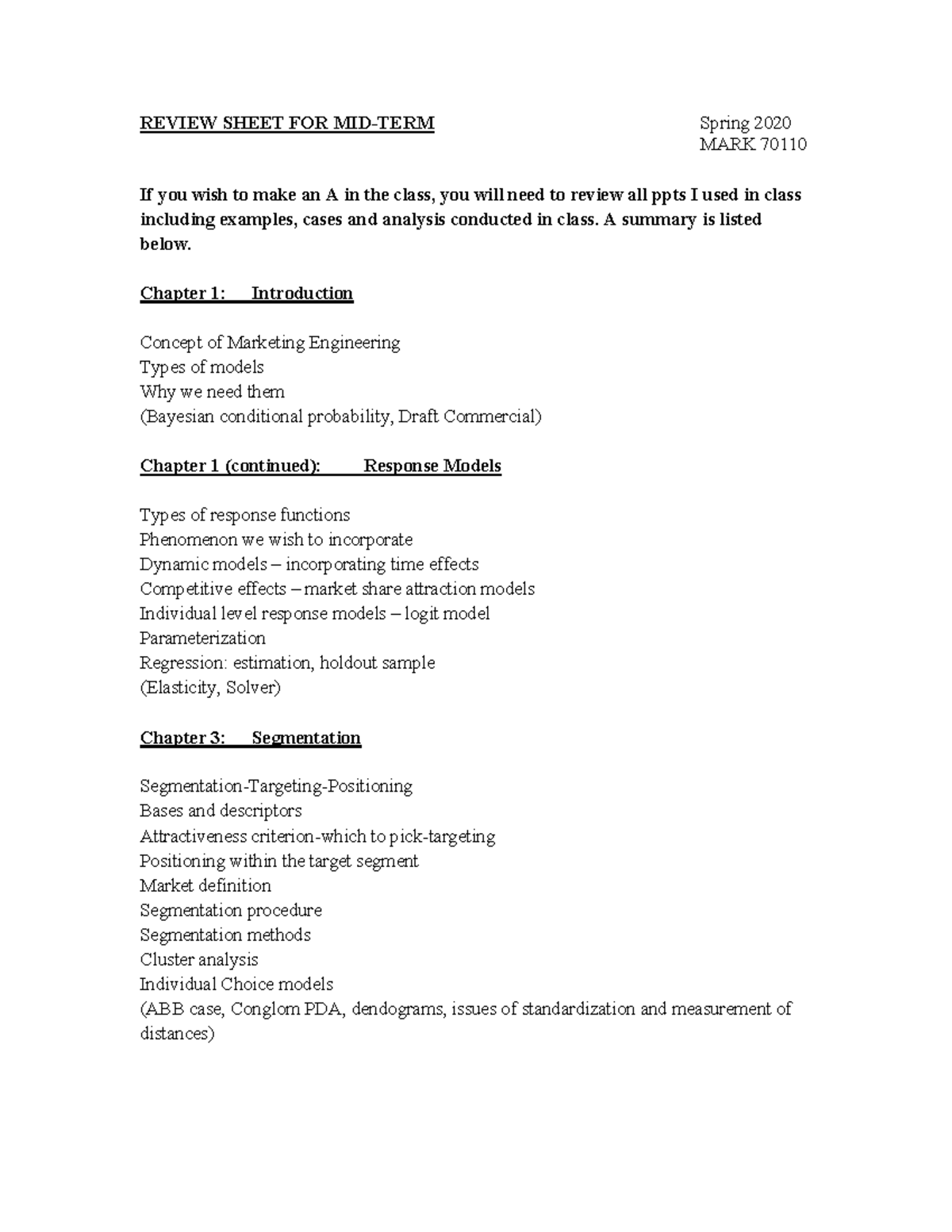 Review I sheet - Course contents - REVIEW SHEET FOR MID-TERM Spring ...
