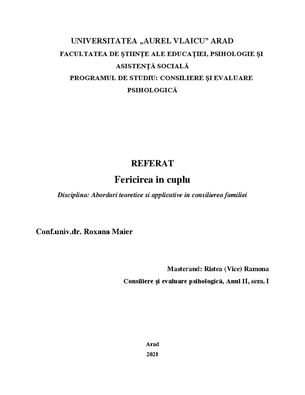 Ristea Ramona Fericirea in cuplu-Referat - UNIVERSITATEA „AUREL VLAICU ...