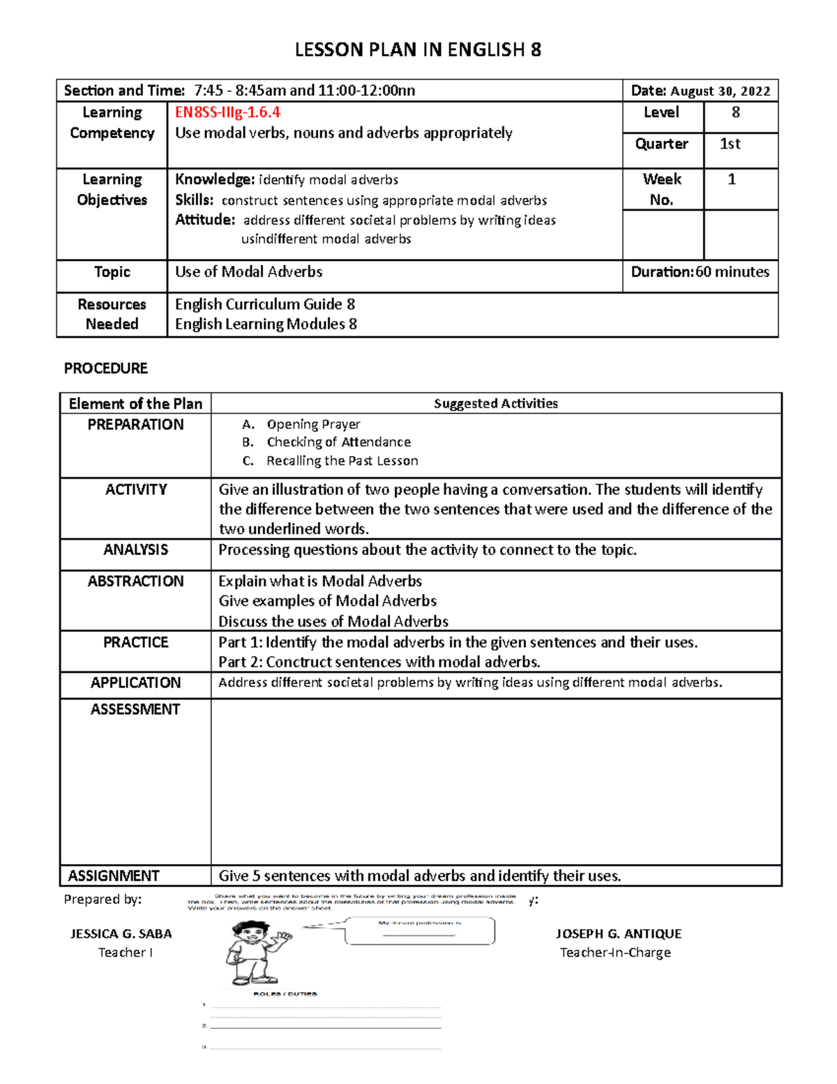 Week 1- day5- Aug. 30 - This lesson plan can be utilized for Grade 8 ...