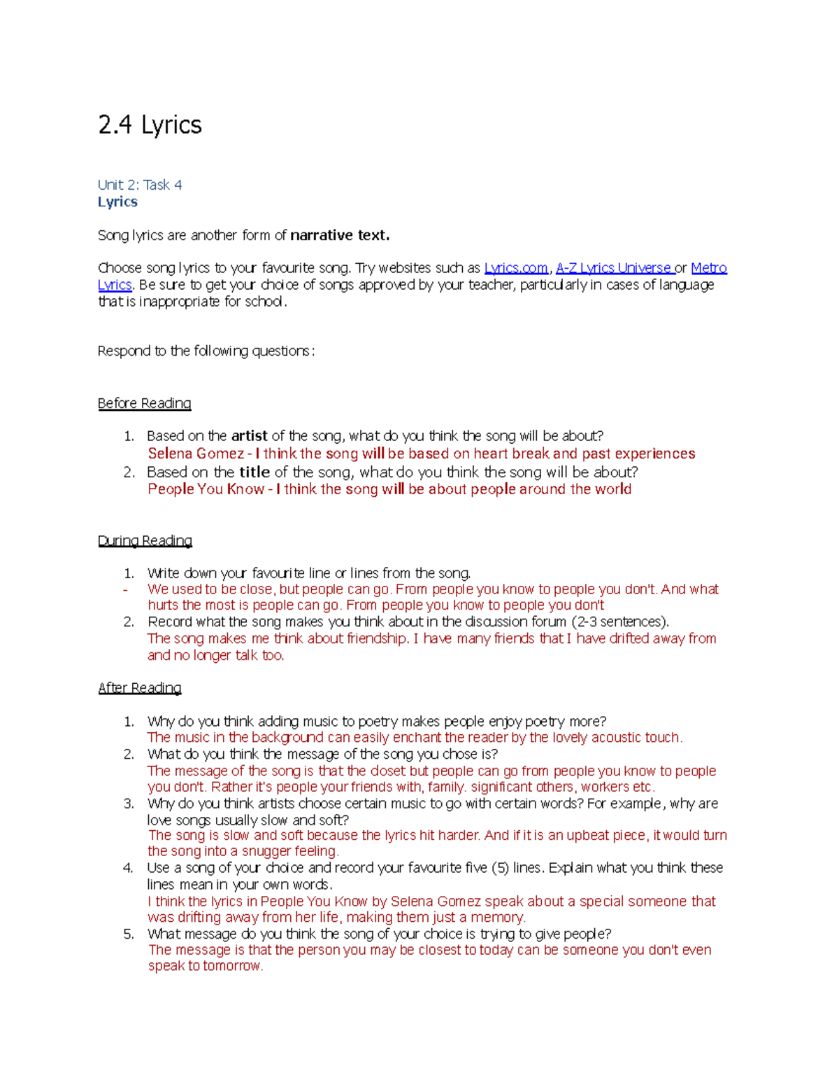 Lesson 2.4 Lyrics - 2 Lyrics Unit 2: Task 4 Lyrics Song lyrics are ...