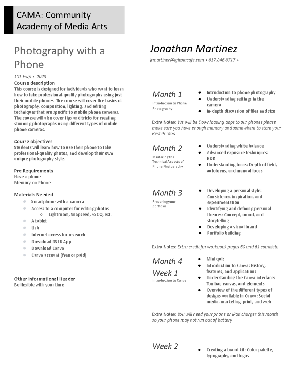 Photography Phone Course Syllabus 23-24 - CAMA: Community Academy of ...