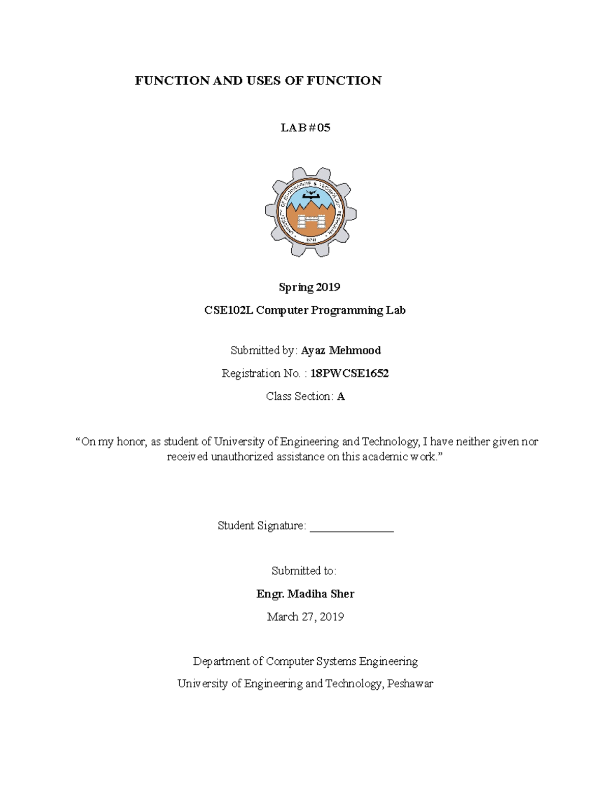 Lab 5 - Lab reports - FUNCTION AND USES OF FUNCTION LAB # 05 Spring ...