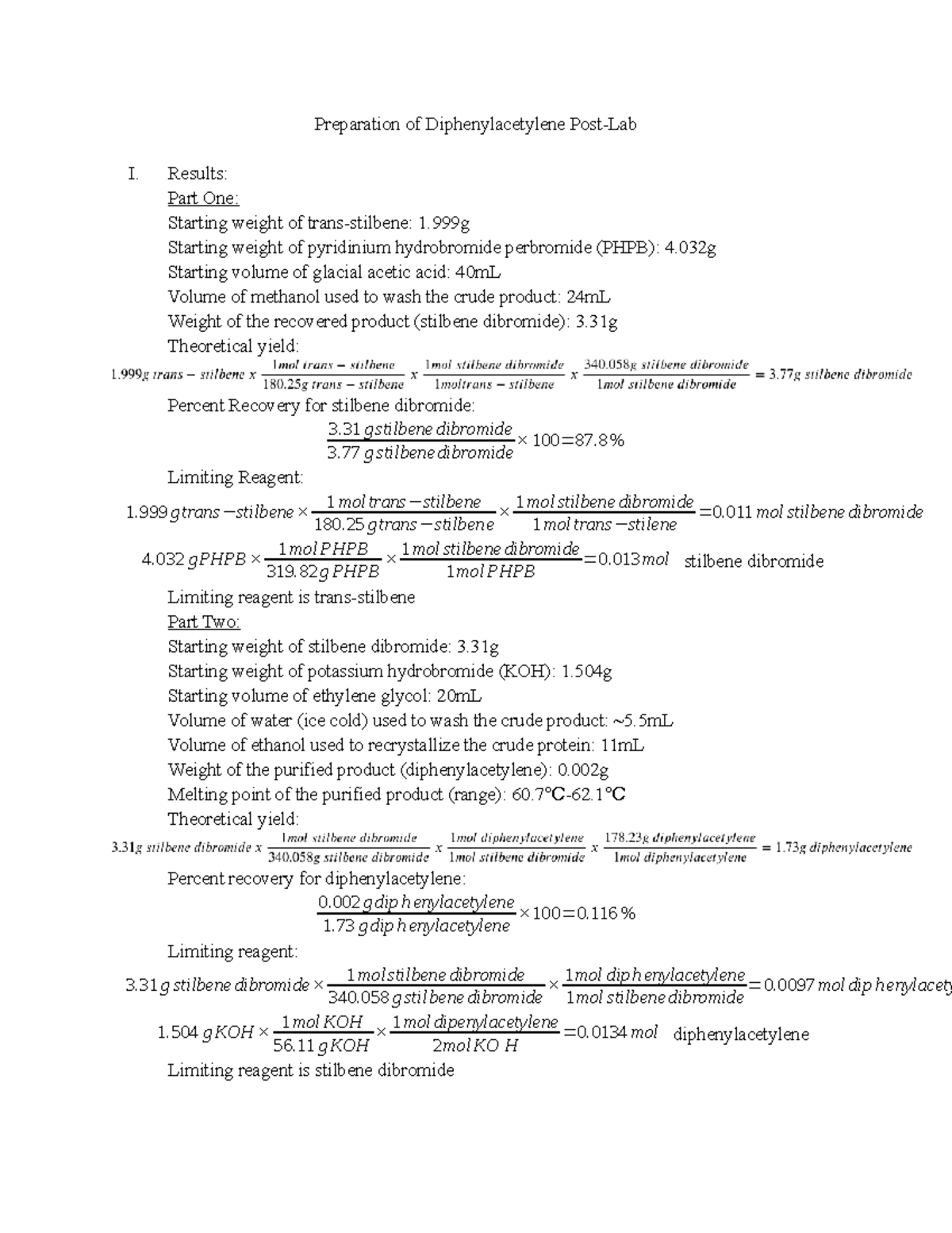 Experiment 8 Post-Lab - Preparation of Diphenylacetylene Post-Lab I ...