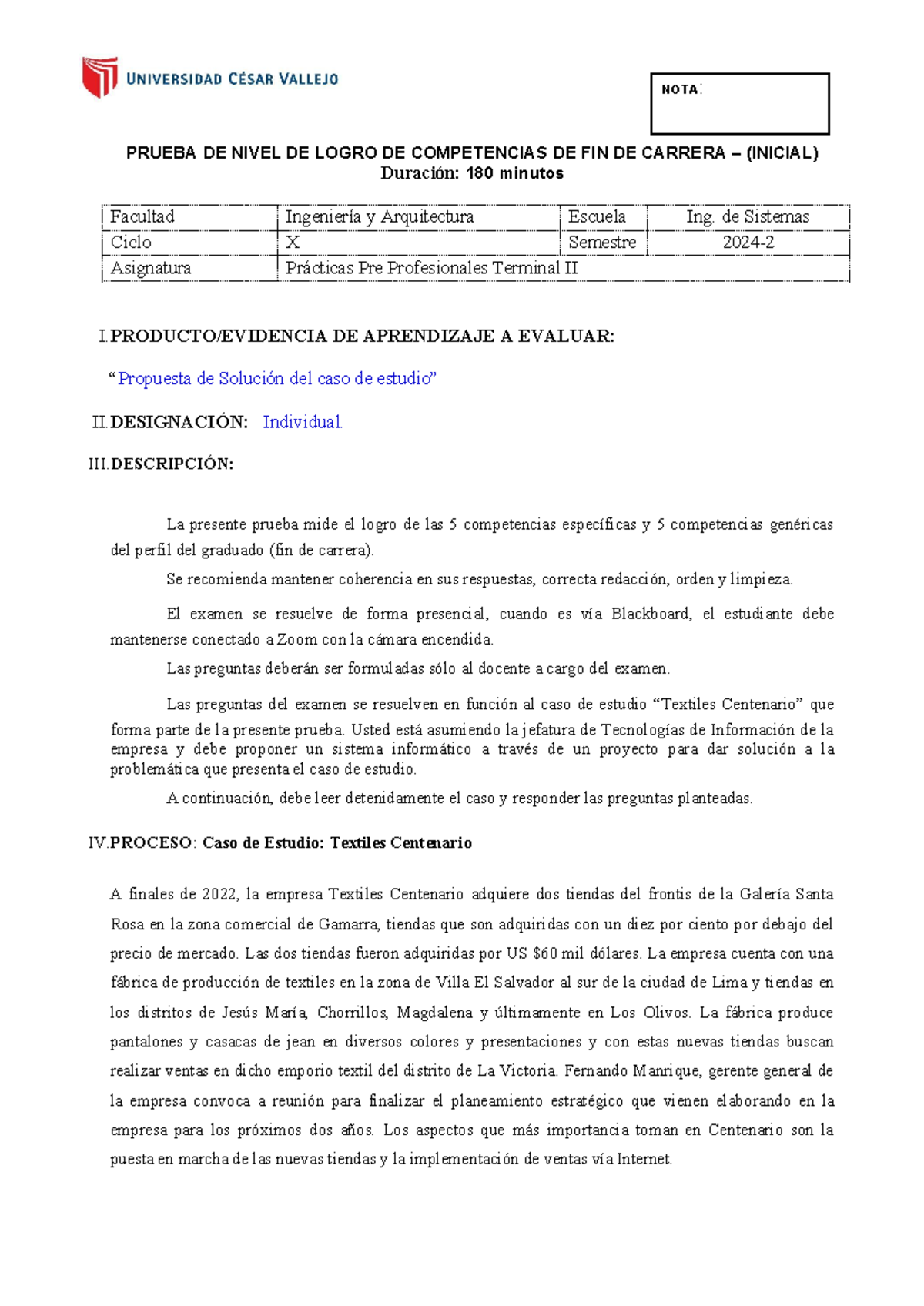 Examen PLC IV Nivel 2024-2 10mo Plan D (Entrada) - PRUEBA DE NIVEL DE LOGRO DE COMPETENCIAS DE ...