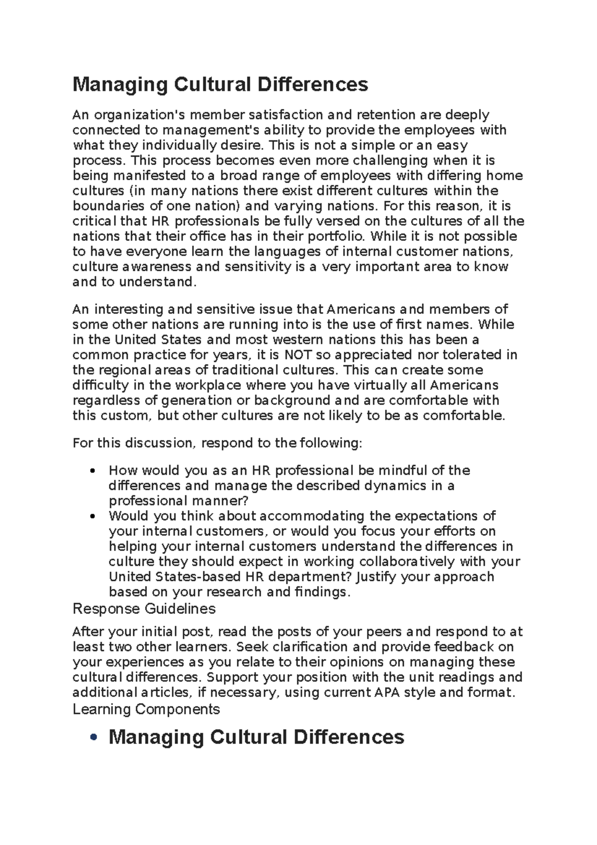 Week 1 d 2 - Managing Cultural Differences An organization's member ...