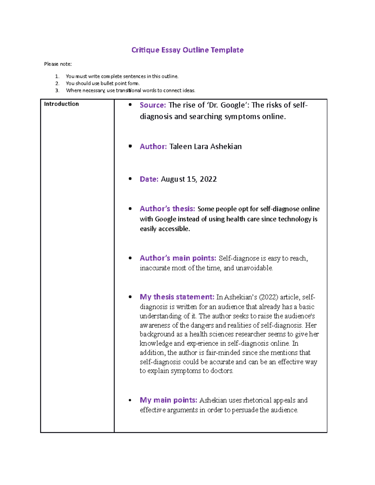 Critique Essay Outline - You should use bullet point form. Where ...