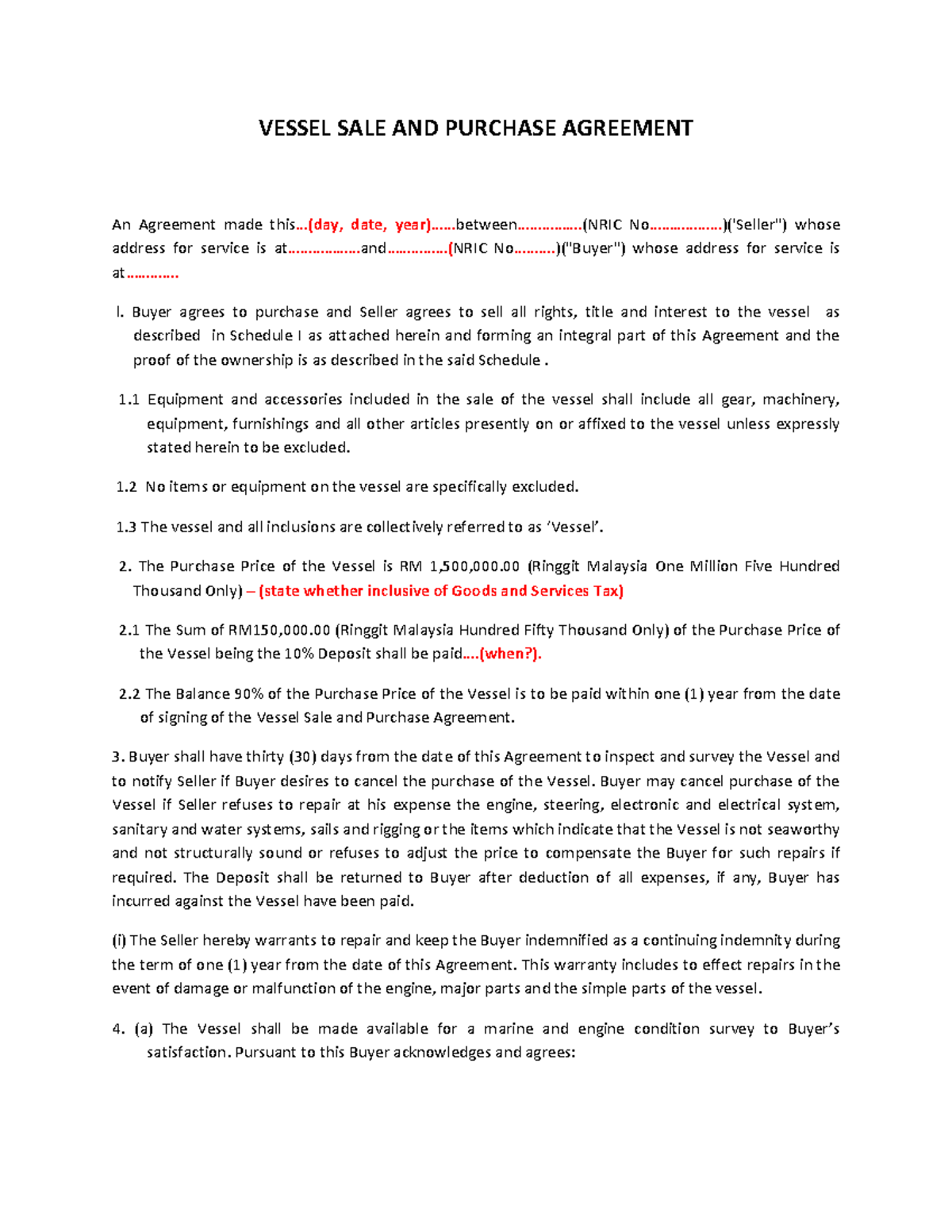 Sample Vessel SALE AND Purchase Agreemen - VESSEL SALE AND PURCHASE ...