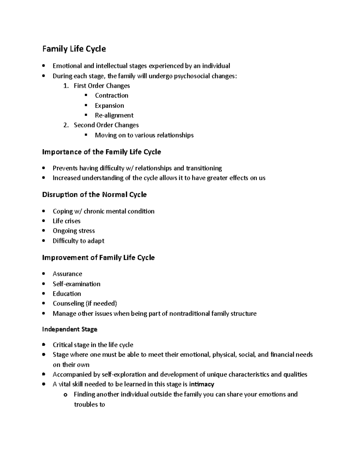 PMCH 11-20-2020 Family LIFE Cycle Notes - Family Life Cycle Emotional ...