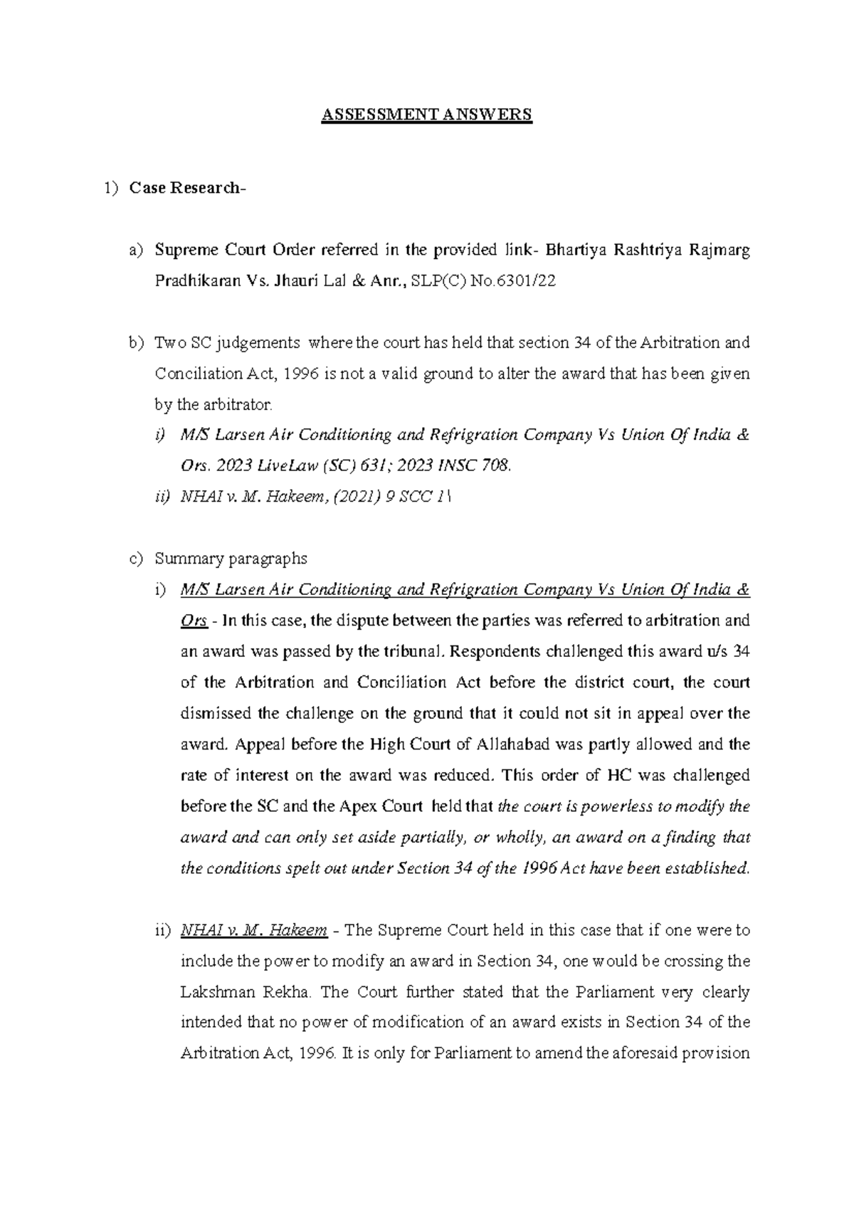 Legal Assignment answers - ASSESSMENT ANSWERS Case Research- a) Supreme ...