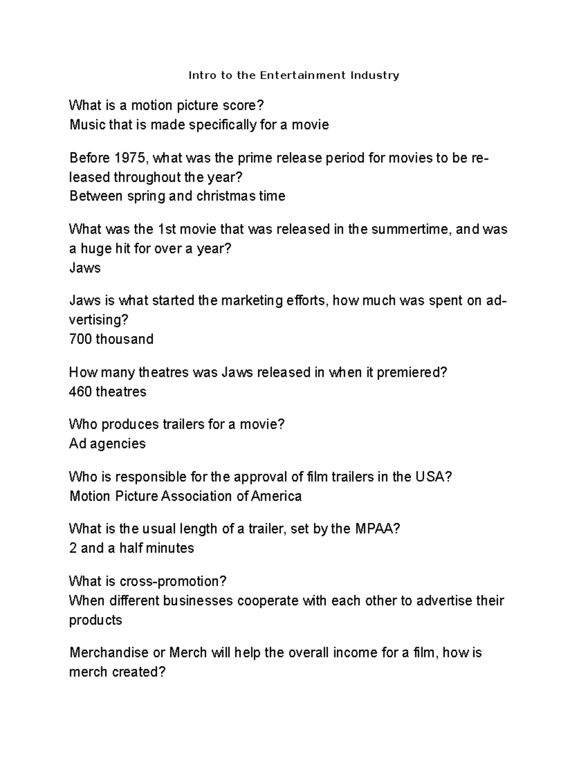Intro to the Entertainment Industry Lecture Notes - Intro to the ...