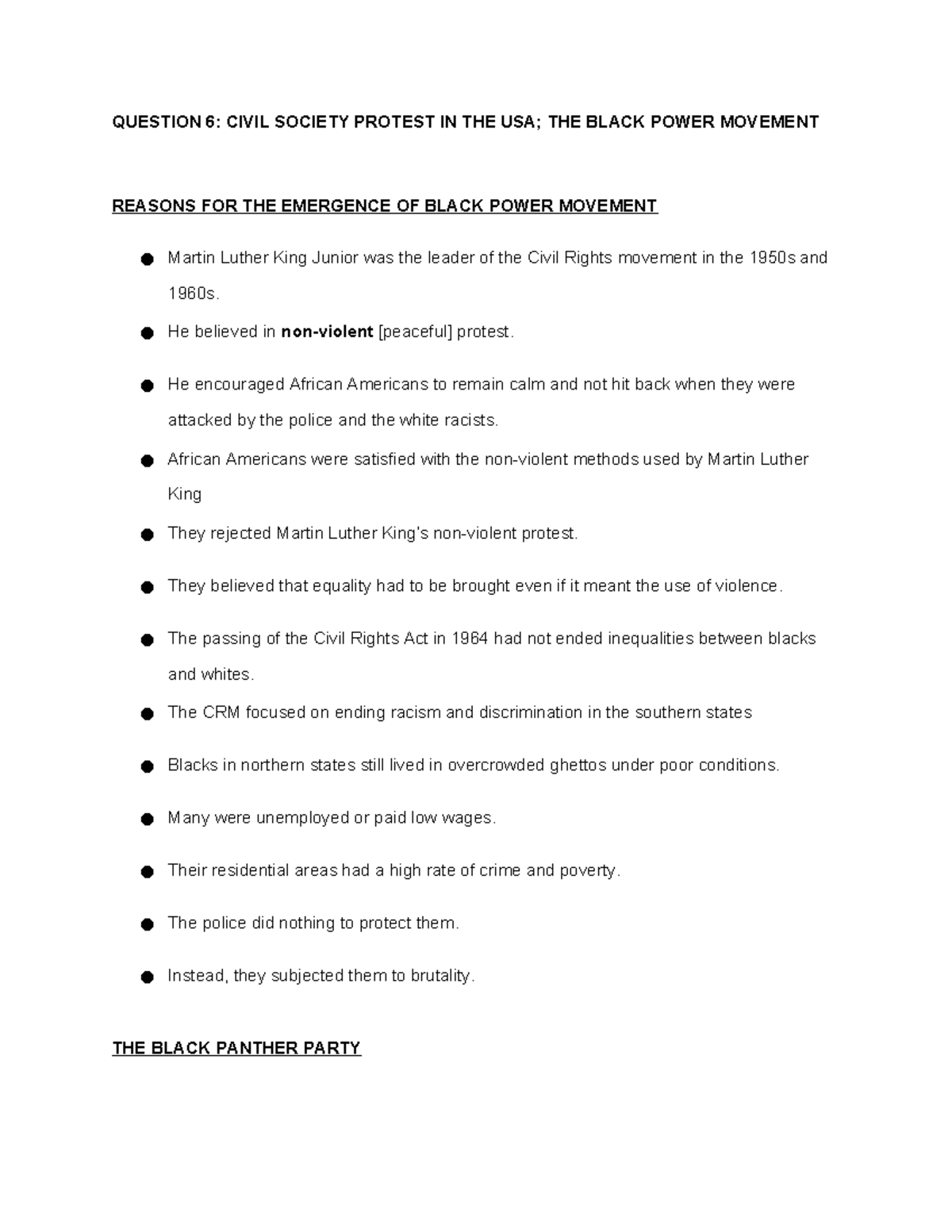 Black Power Movement Notes - QUESTION 6: CIVIL SOCIETY PROTEST IN THE ...