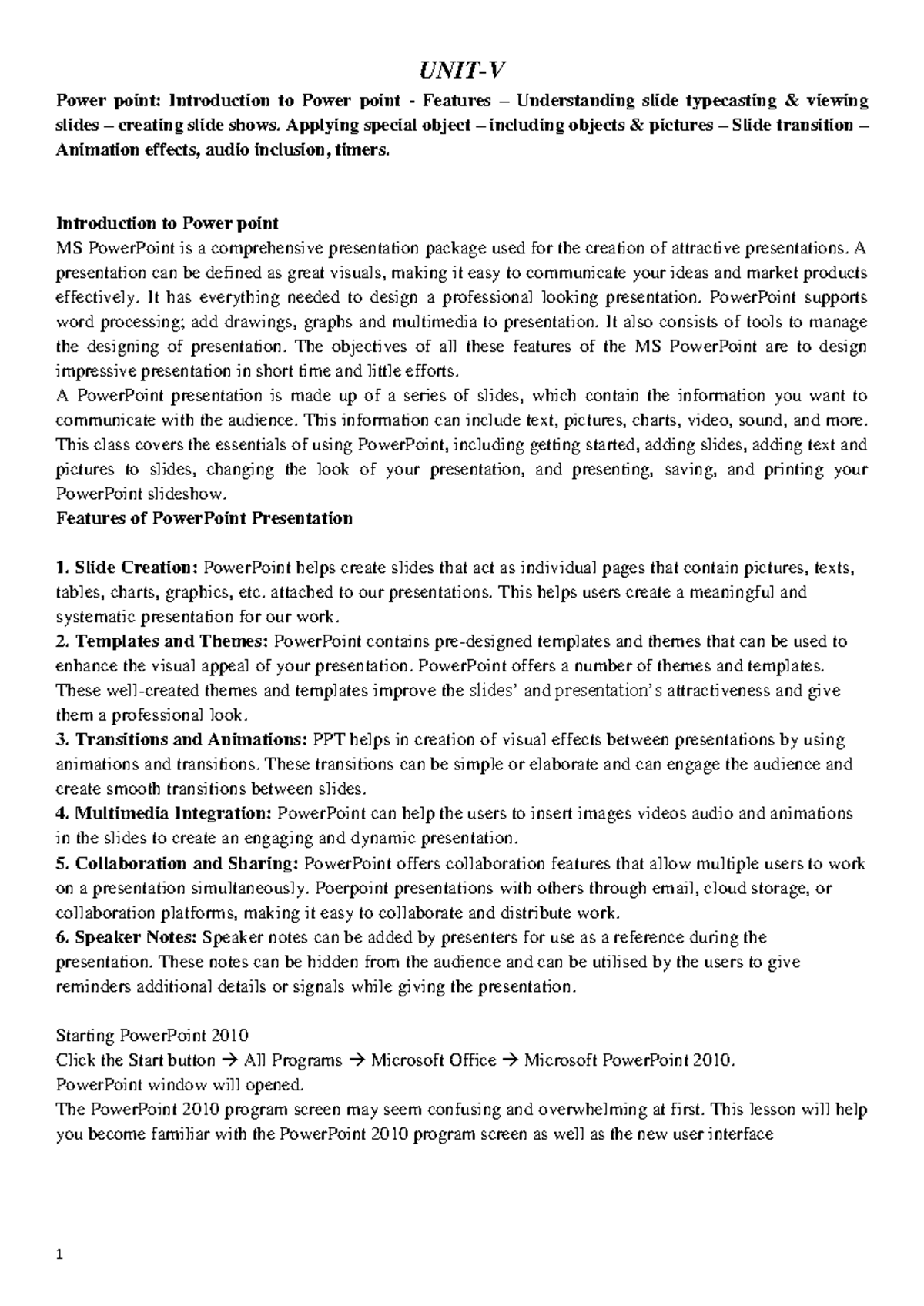 OA UNIT V - UNIT-V Power point: Introduction to Power point - Features ...