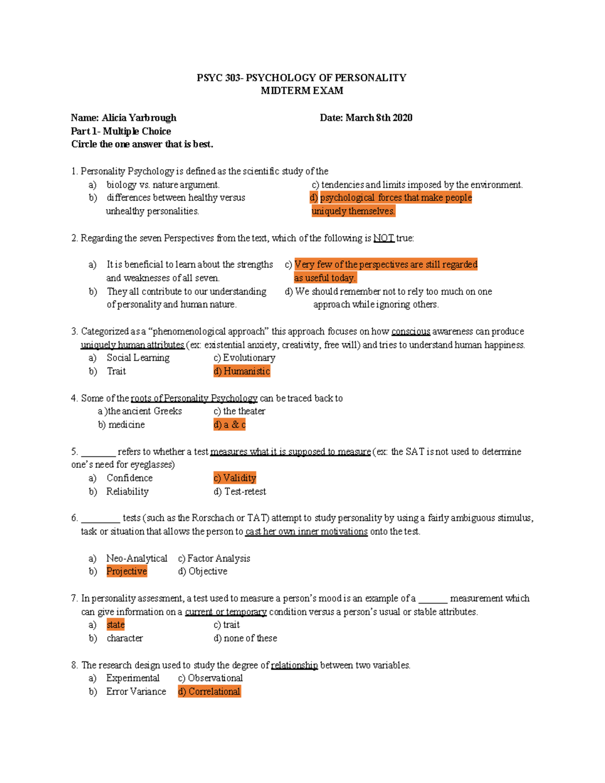 Personality Exam - PSYC 303- PSYCHOLOGY OF PERSONALITY MIDTERM EXAM ...