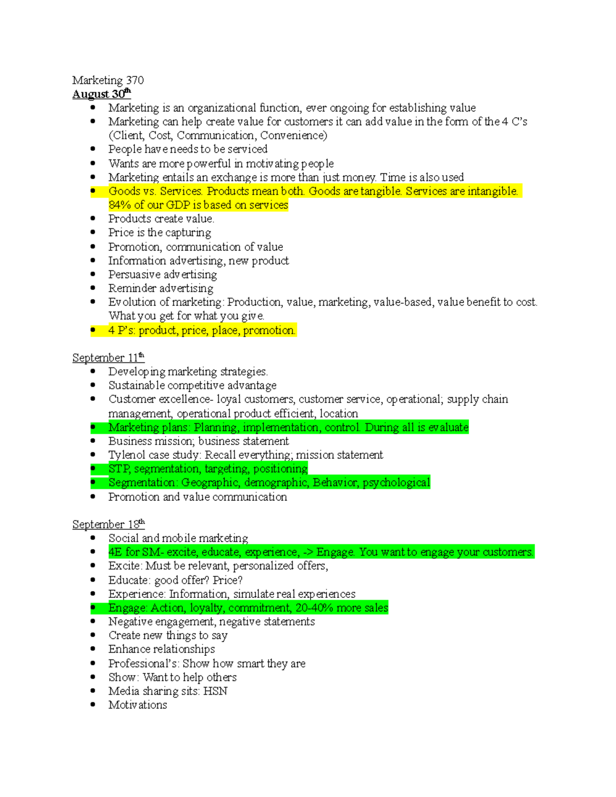 Marketing 370 notes - Marketing 370 August 30th Marketing is an ...