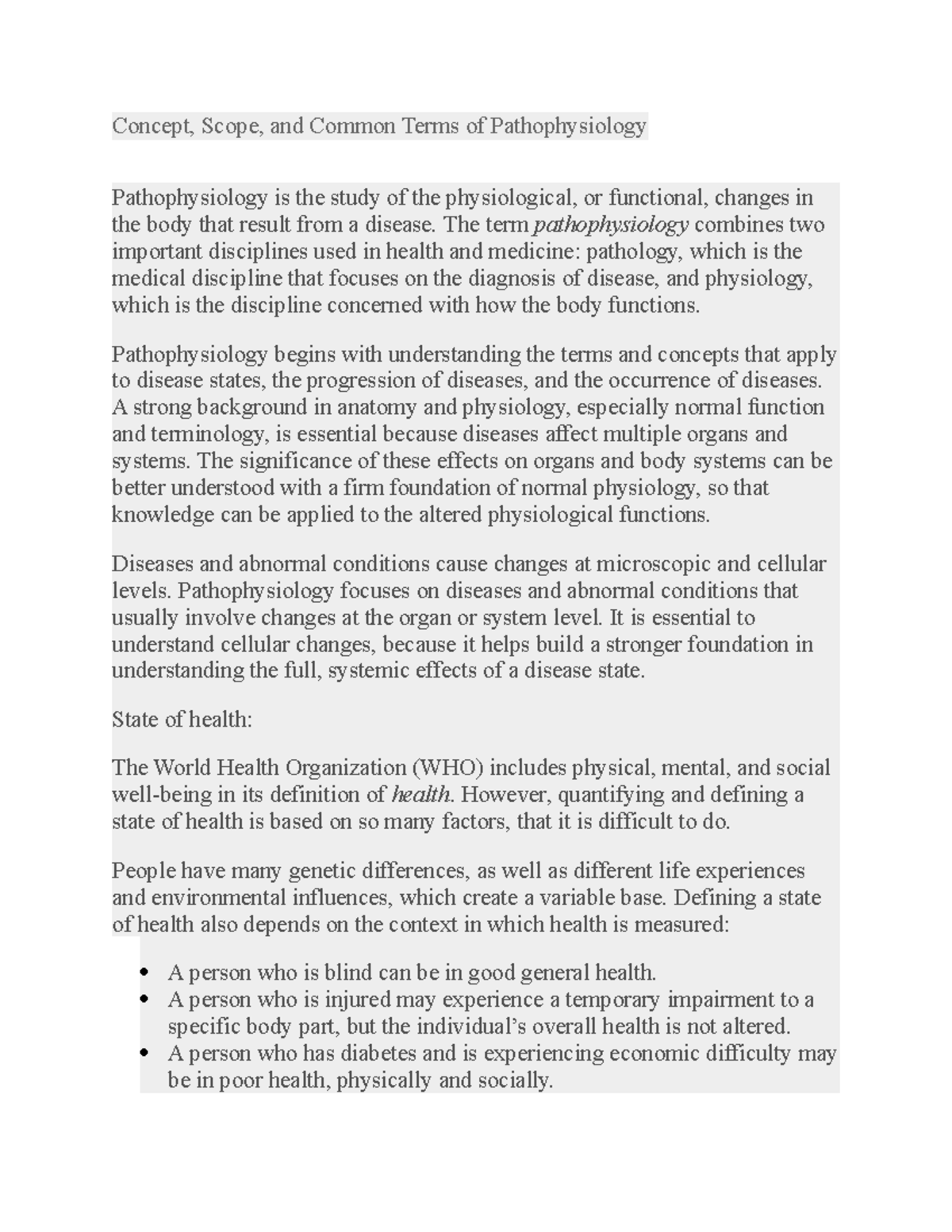 Concept Scope and Common Terms of Pathophysiology - Studocu