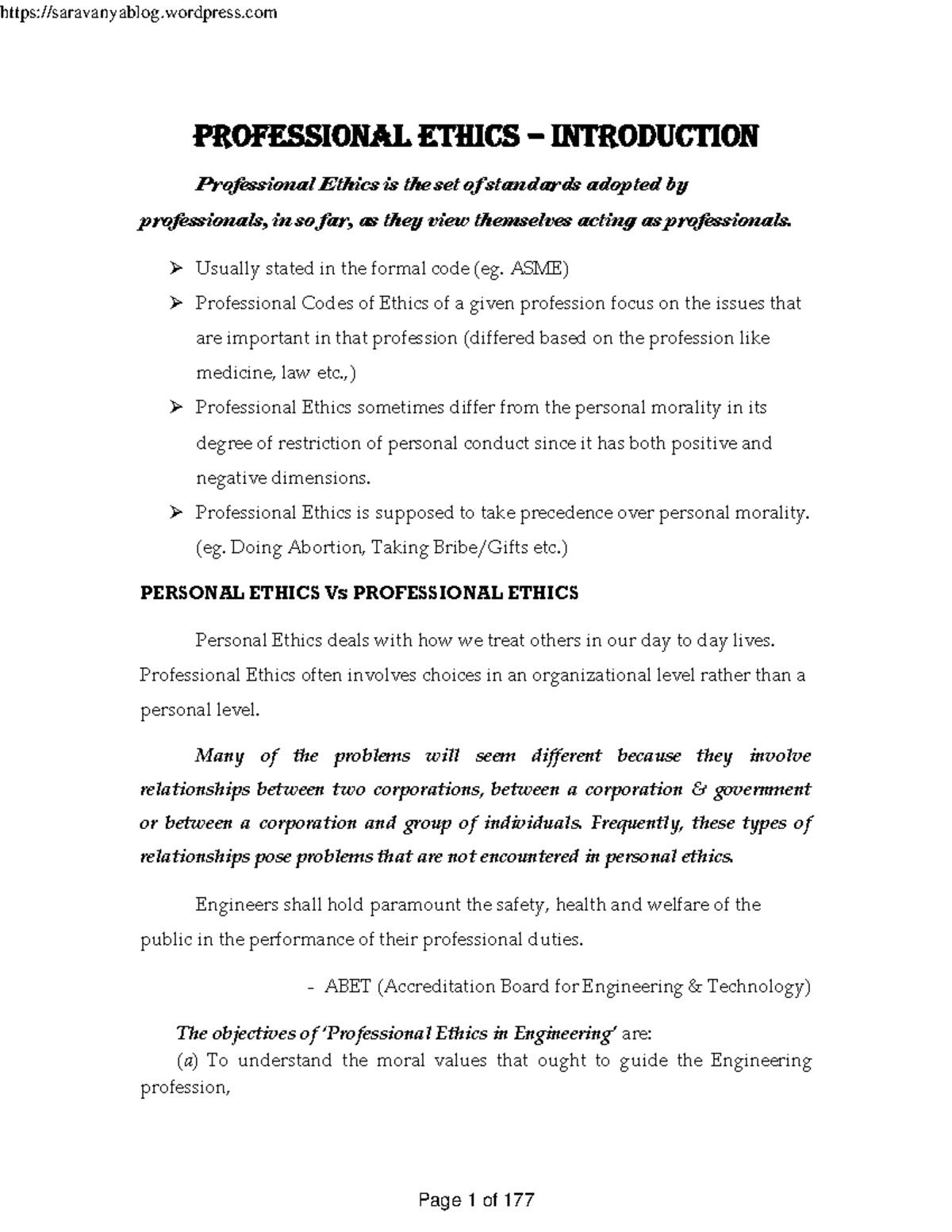 Pee-notes-final - Project Of Ethics - Professional Ethics ...