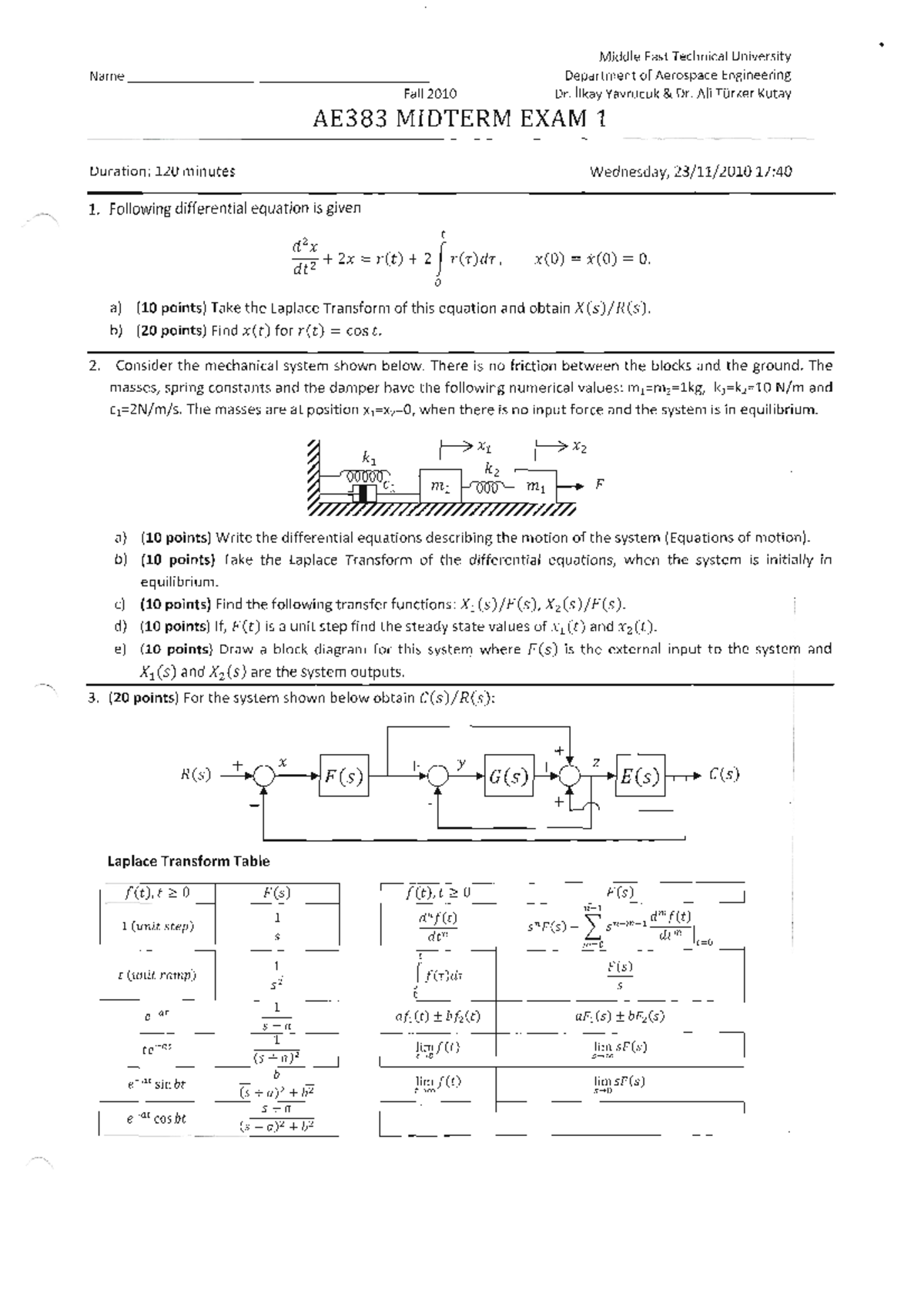 AE383 Fall2010 MT1 - 2010 SYSTEM DYNAMIC course questions mt1 - System Dynamics - Studocu