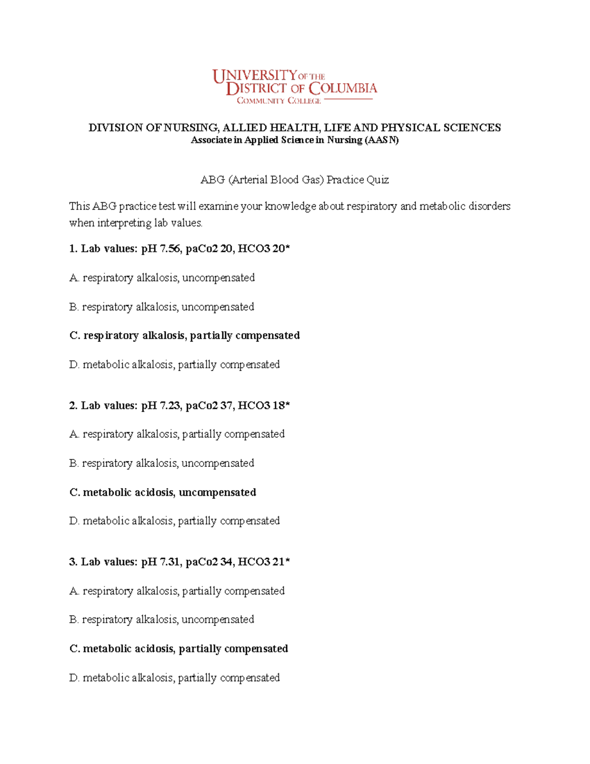 ABG Practice Questions 2 10 - DIVISION OF NURSING, ALLIED HEALTH, LIFE ...