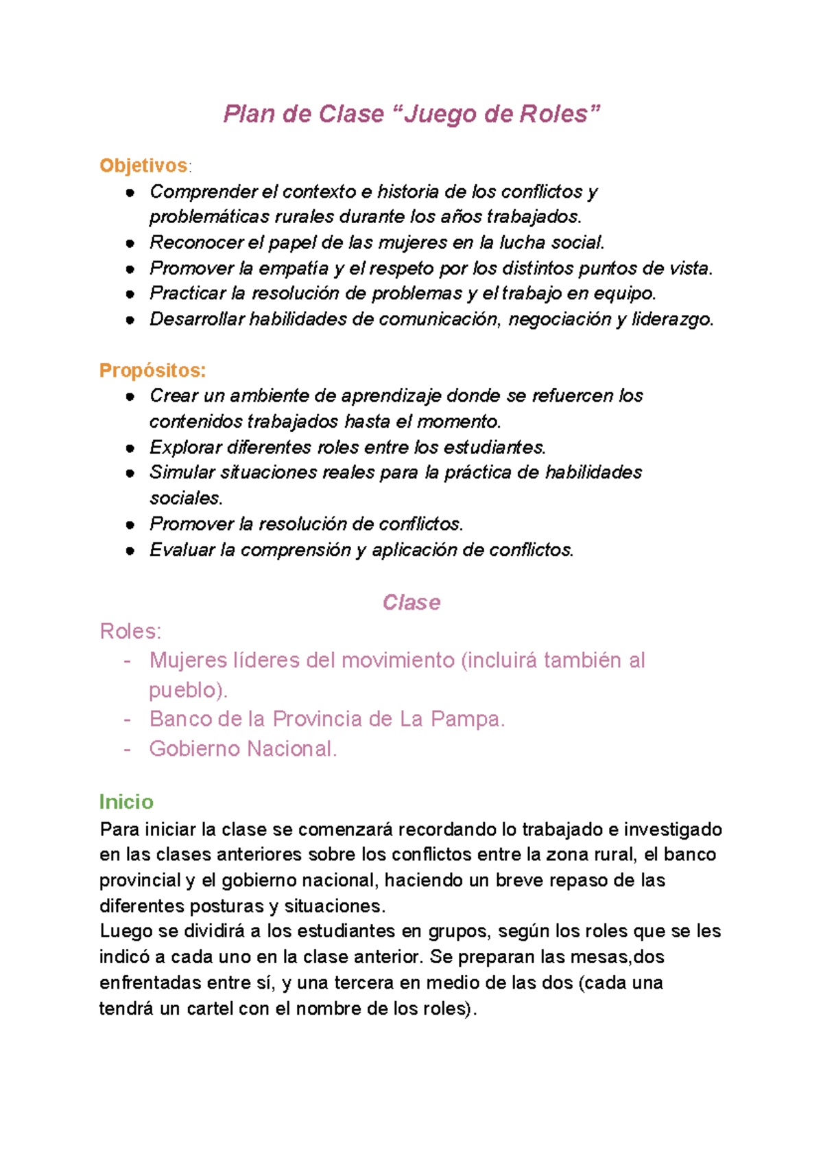 Plan de Clase “Juego de Roles” - Plan de Clase “Juego de Roles ...