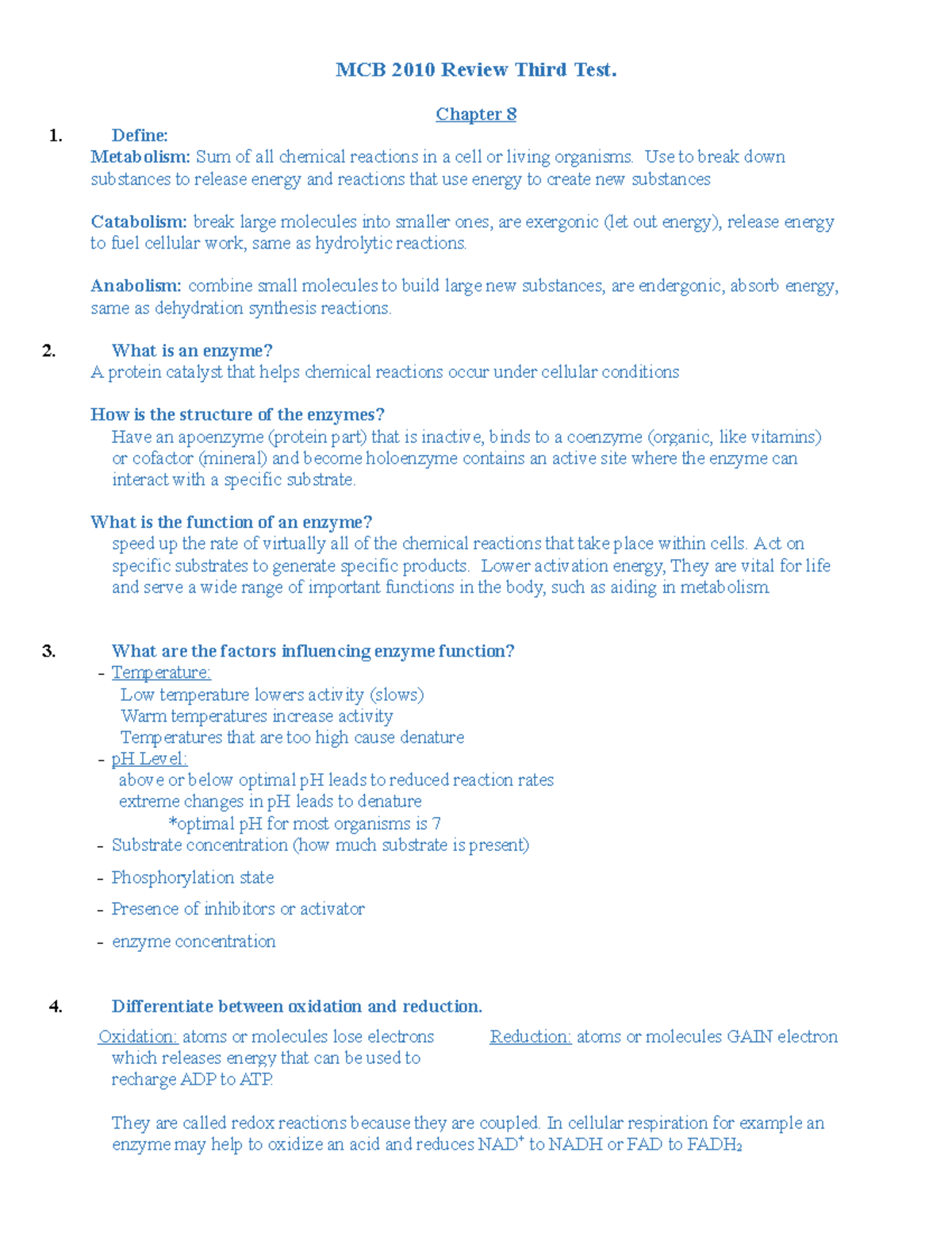 Micro TEST 3 - test study guide - MCB 2010 Review Third Test. Chapter 8 ...