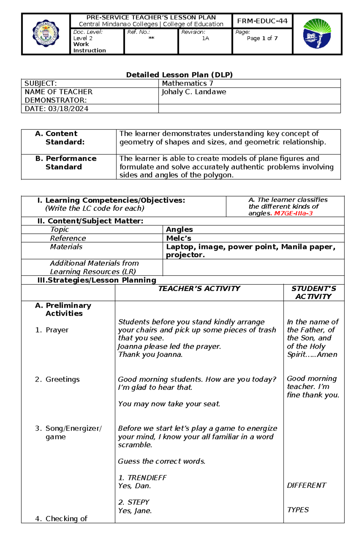 Johalys-work - PRE-SERVICE TEACHER’S LESSON PLAN Central Mindanao ...