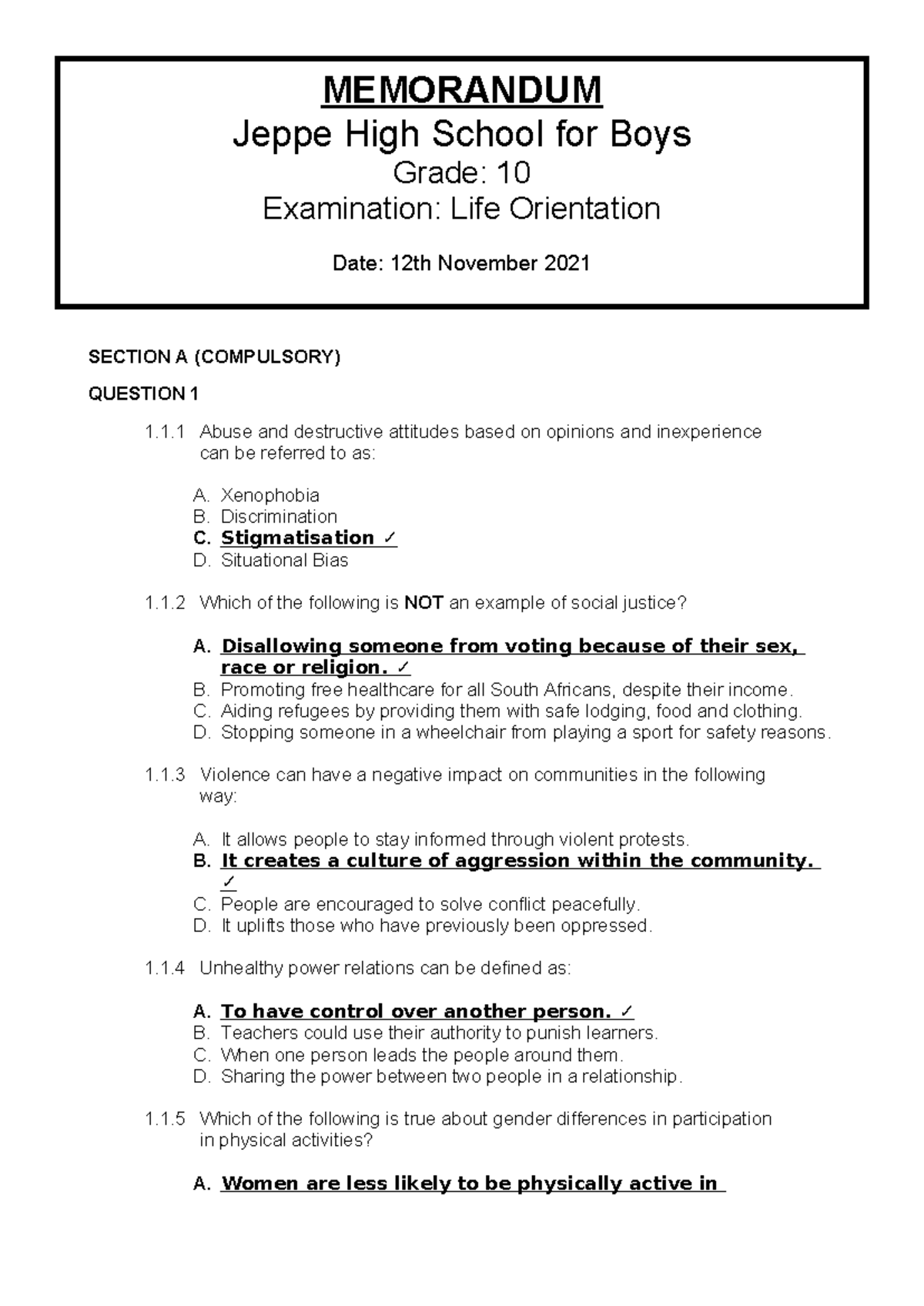 MEMO Gr 10 Final Exam 2021 - MEMORANDUM Jeppe High School for Boys ...
