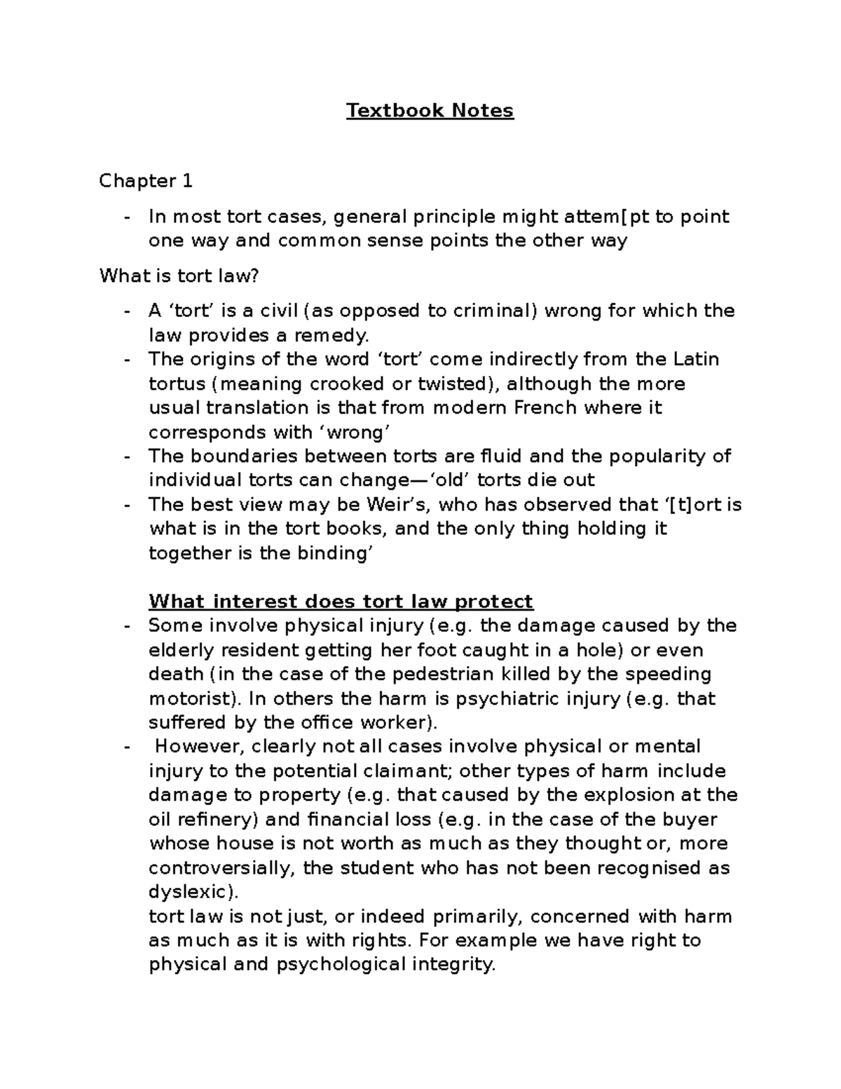Textbook Notes (Law of torts) - Textbook Notes Chapter 1 In most tort ...