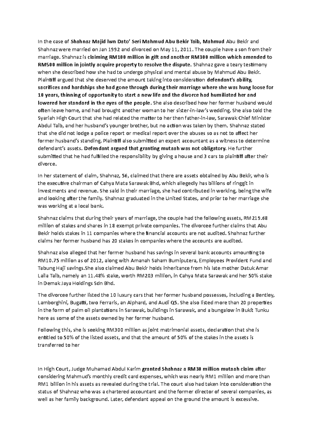 Family law- shahnaz majid - In the case of Shahnaz Majid lwn Dato’ Seri ...