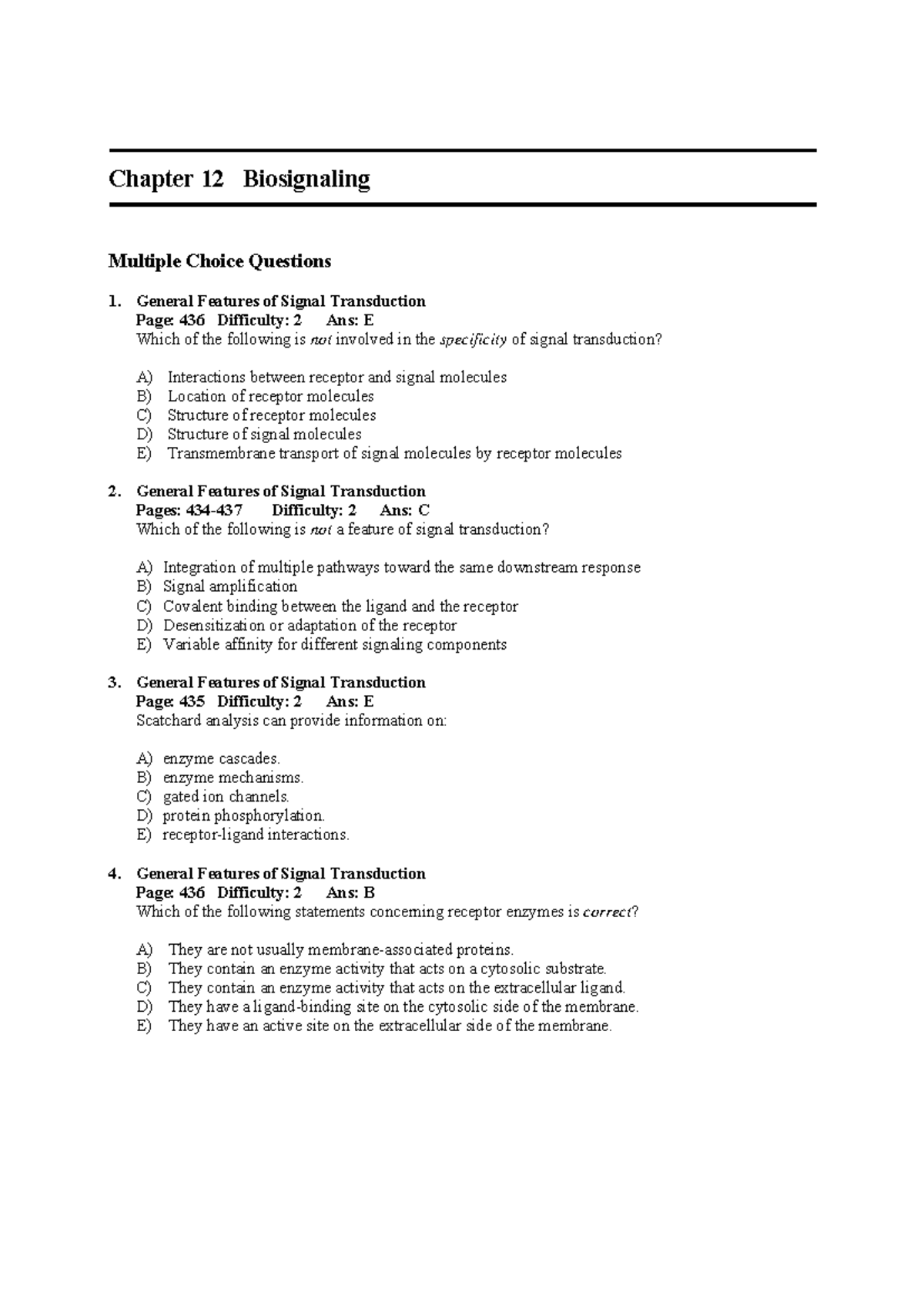 Lehninger 6e tb ch12 - Multiple Choice Questions General Features of ...