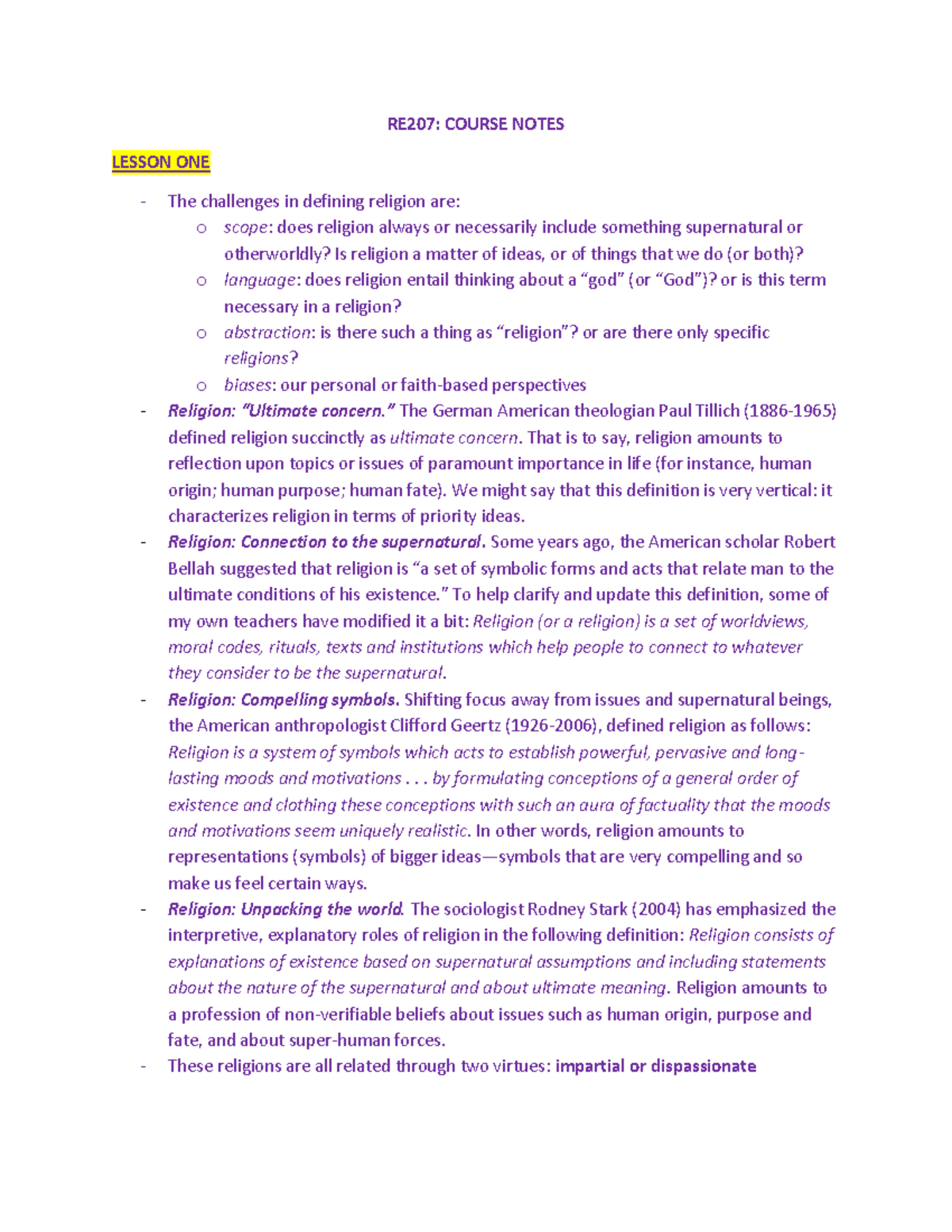Document 2 - really good notes - RE207: COURSE NOTES LESSON ONE The ...