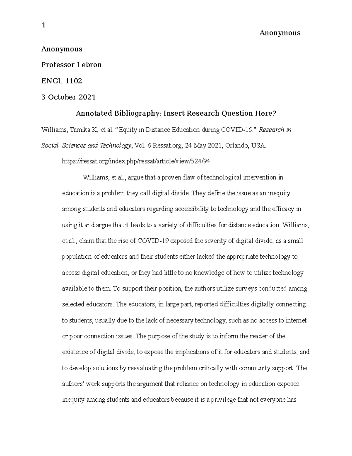 Student Annotated Biblipgraohy Example 1 - 1 Anonymous Anonymous ...