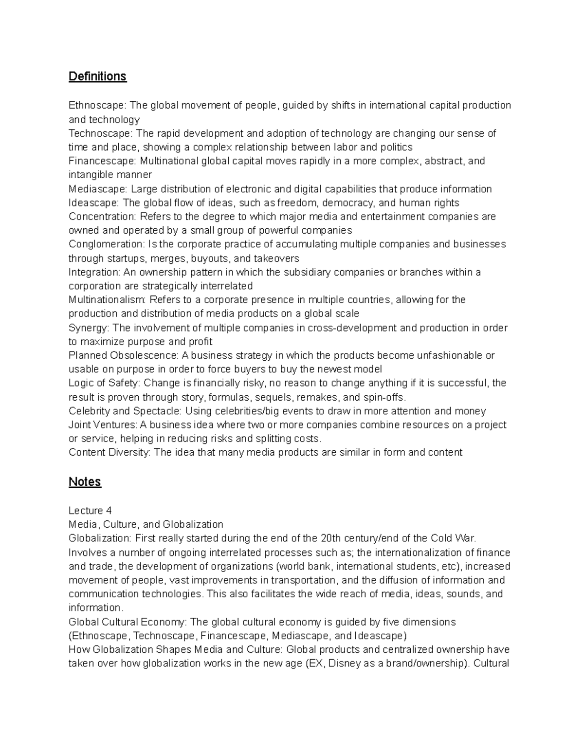 Media Notes - Definitions Ethnoscape: The global movement of people ...