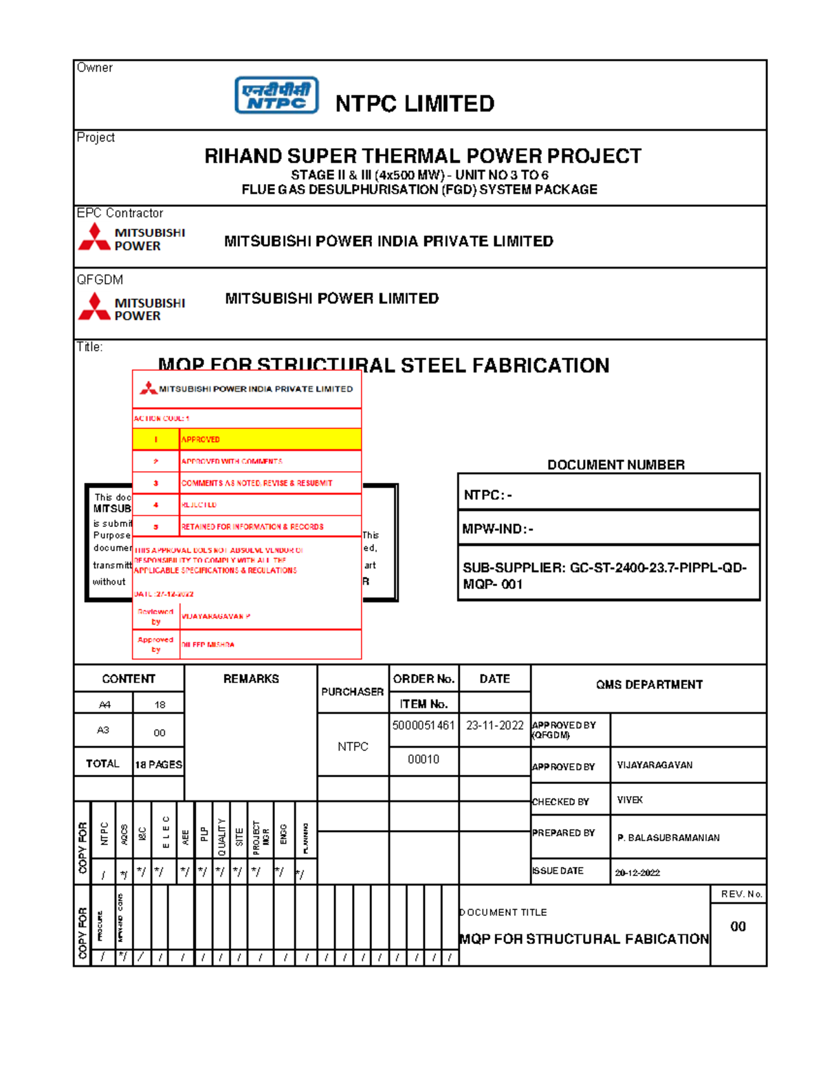 MQP For Structural Fabrication Approved - Owner NTPC LIMITED Project ...