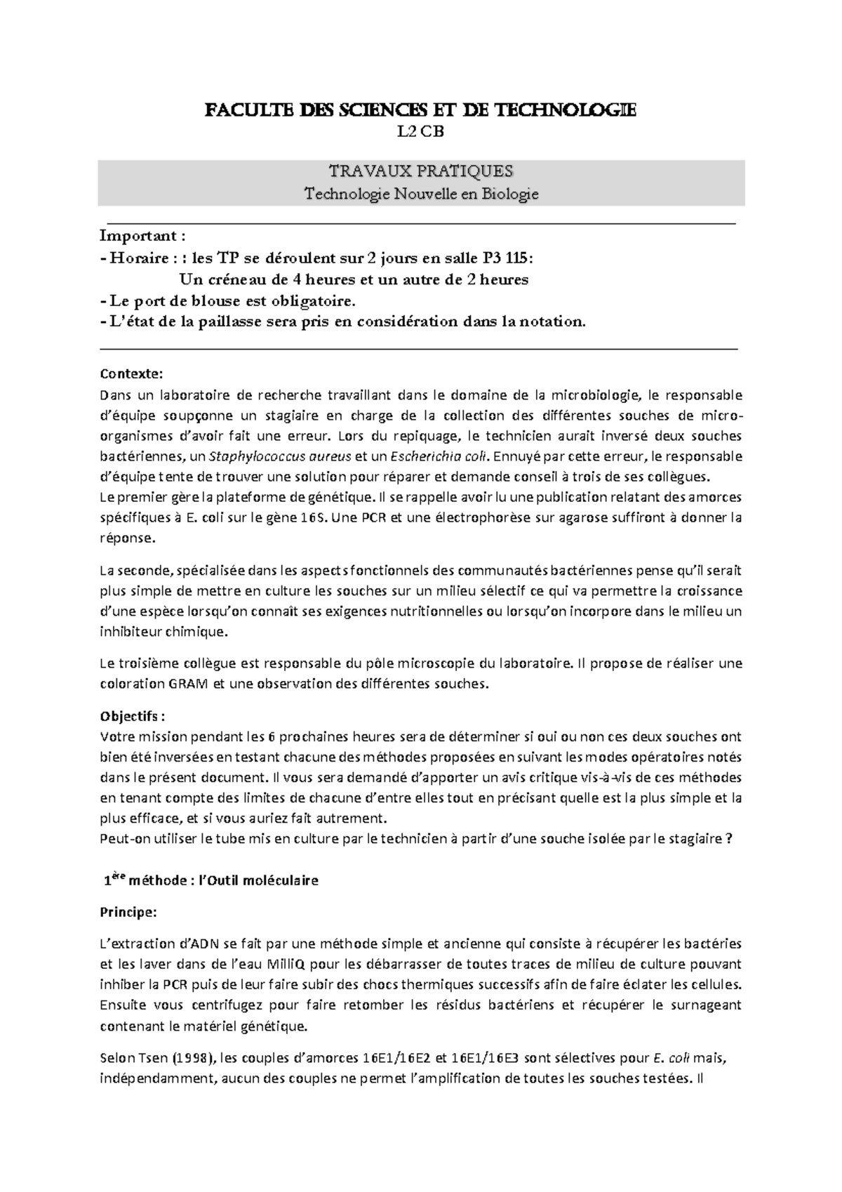 Polycopi Ã© TP UE Technologies Nouvelles en Biologie - FACULTE DES SCIENCES ET DE TECHNOLOGIE L ...