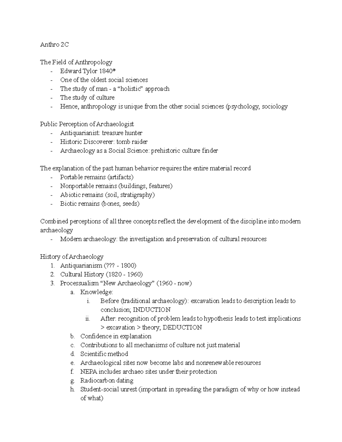 Comprehensive Anthro 2C Midterm 1 Study Guide - Anthro 2C The Field of ...